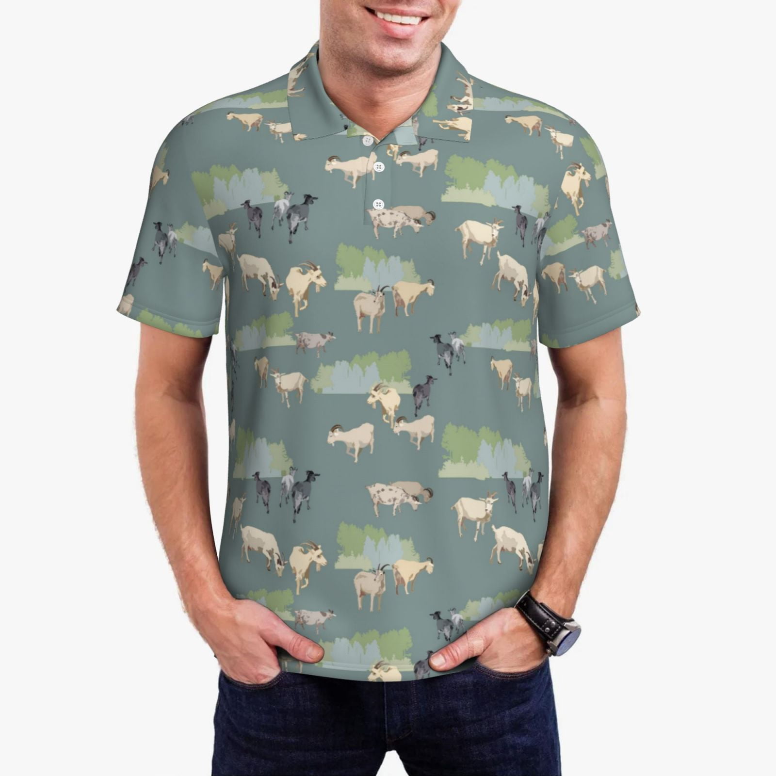 Polo Shirts for Men Painted Cute Goat Green Casual Mens Short Sleeve ...