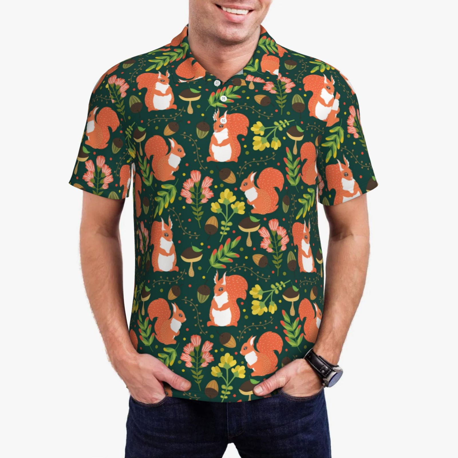 Polo Shirts for Men Painted Cute Squirrel Flower Casual Mens Short ...