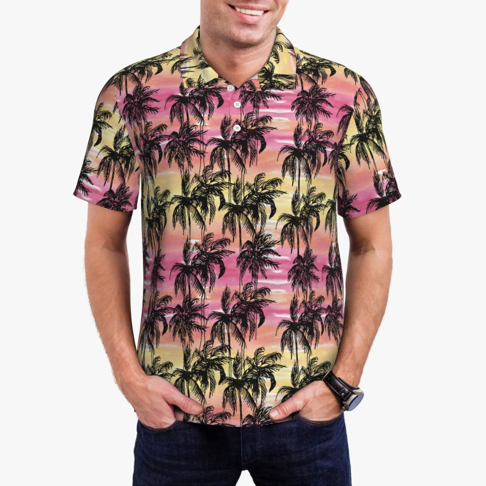 Polo Shirts for Men Palm tree_AA Casual Mens Short Sleeve Polo Shirts ...