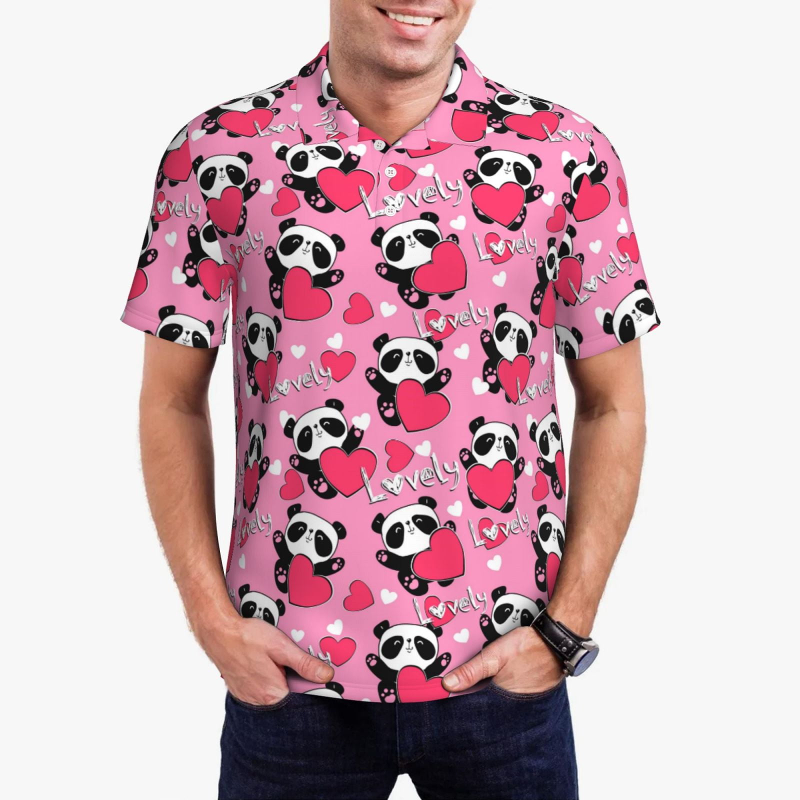 Polo Shirts for Men, Panda Heart Valentine Pink Cuteness Casual Mens ...