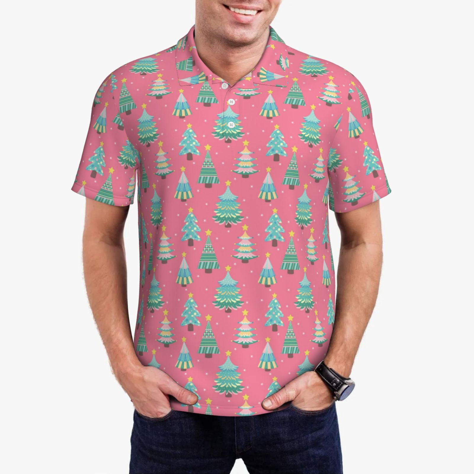 Polo Shirts for Men - Pastel Christmas Trees on Pink Classic Mens Polo ...