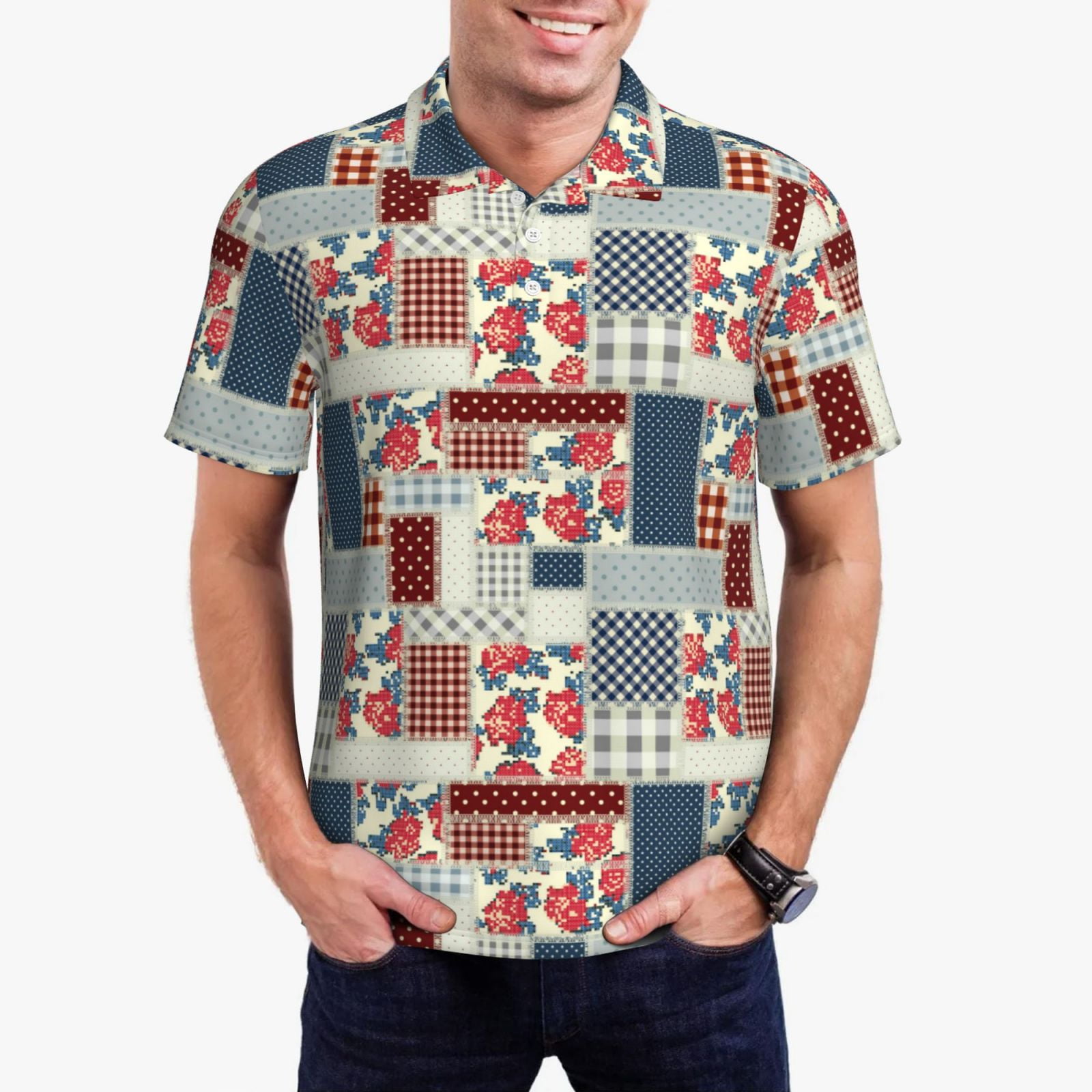 Polo Shirts for Men, Patchwork In Country Style Cuteness Casual Mens ...