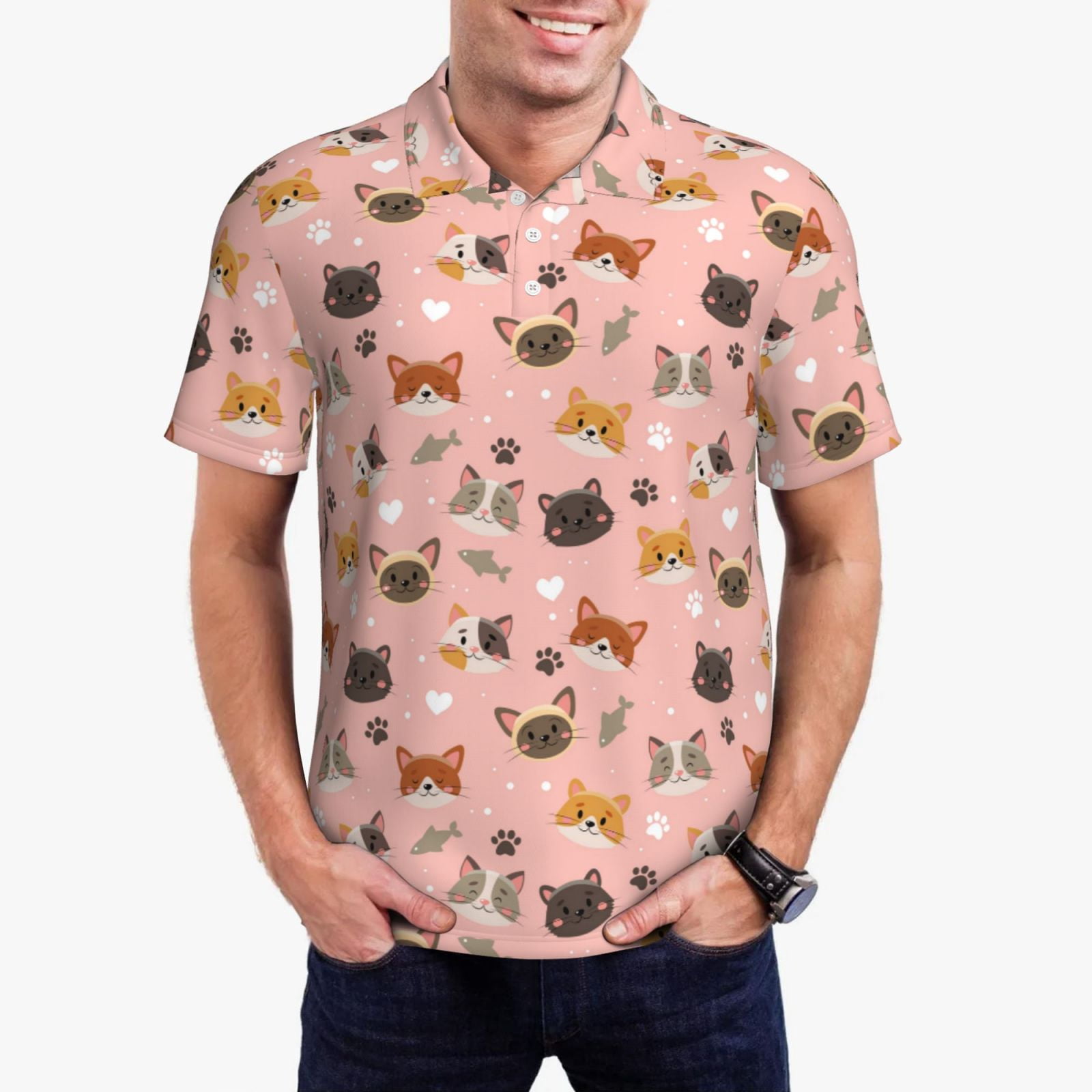 Polo Shirts for Men Pink Cute Cartoon Cat Heart Casual Mens Short ...