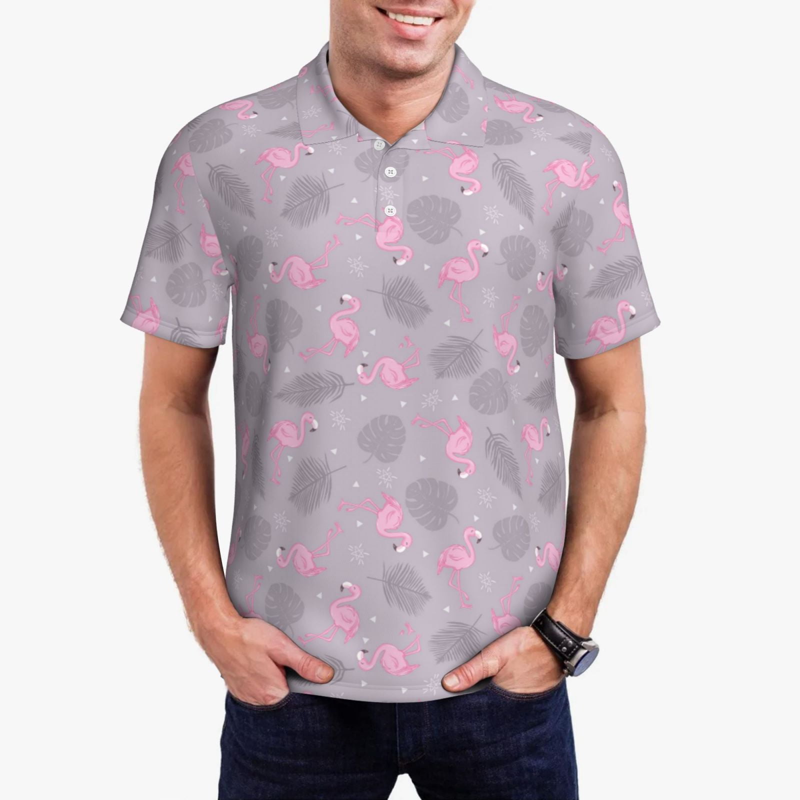 Polo Shirts for Men - Pink Flamingo B Classic Mens Polo Shirts Casual ...