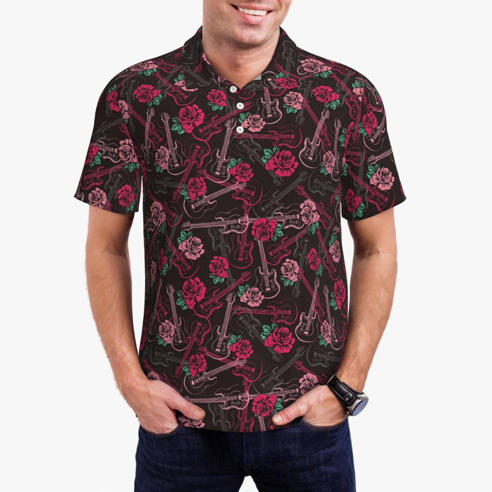 Polo Shirts for Men - Pink Red Carnations Flowers Guitar Classic Mens ...