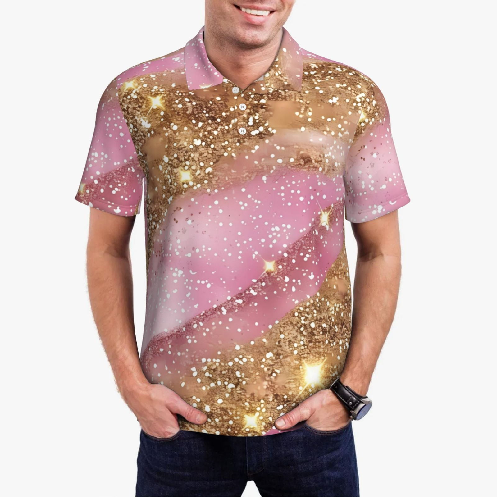 Polo Shirts for Men Pink and Gold Glam Glitter Casual Mens Short Sleeve Polo Shirts, Button Down ...