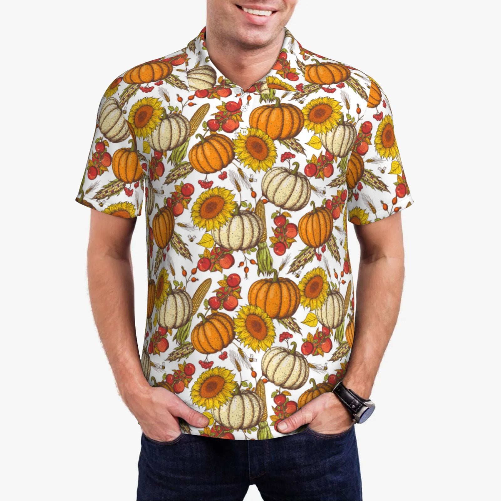 Polo Shirts for Men Pumpkin Corn Daisy Casual Mens Short Sleeve Polo ...