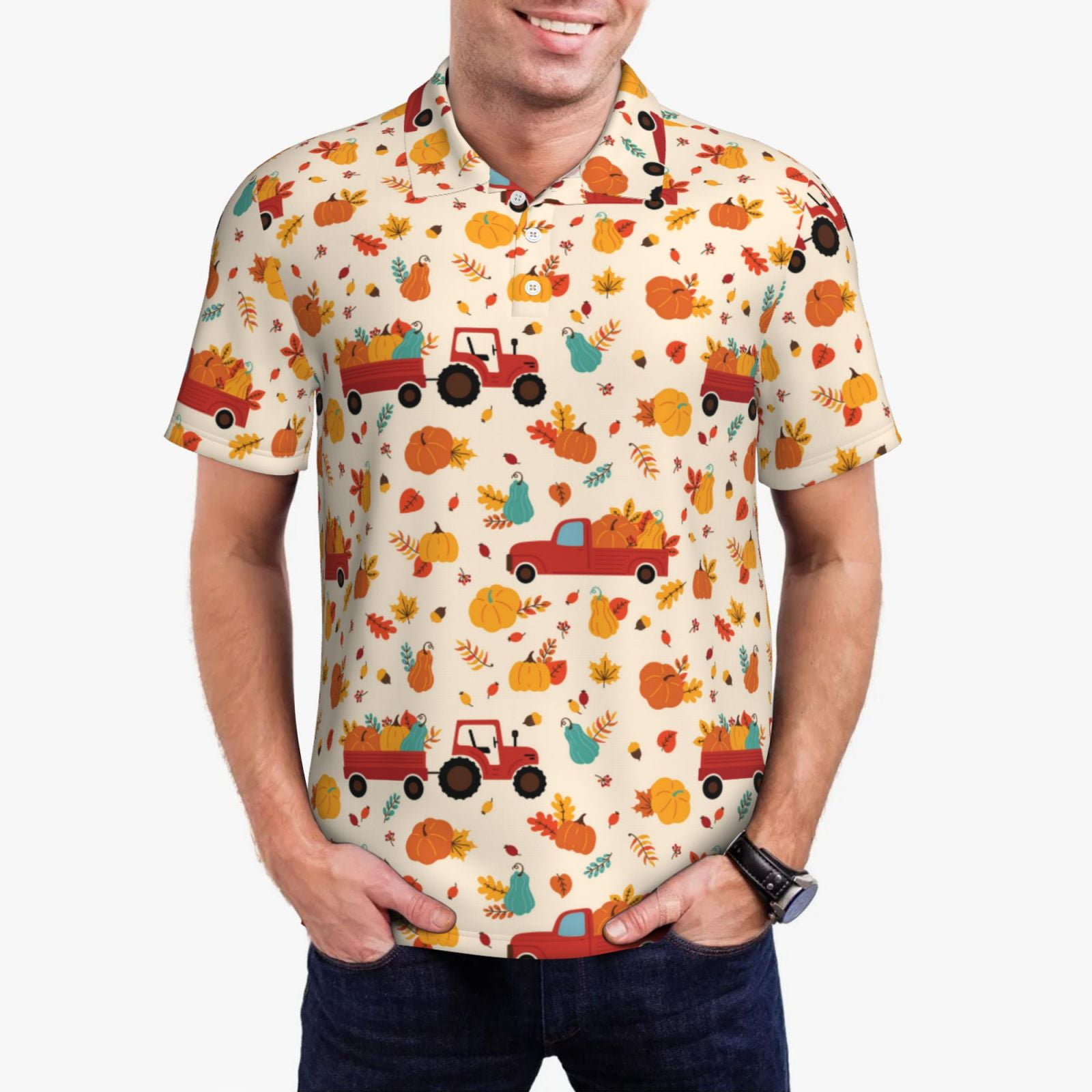 Polo Shirts for Men - Pumpkins On Red Car And Tractor Mens Polo Shirts ...