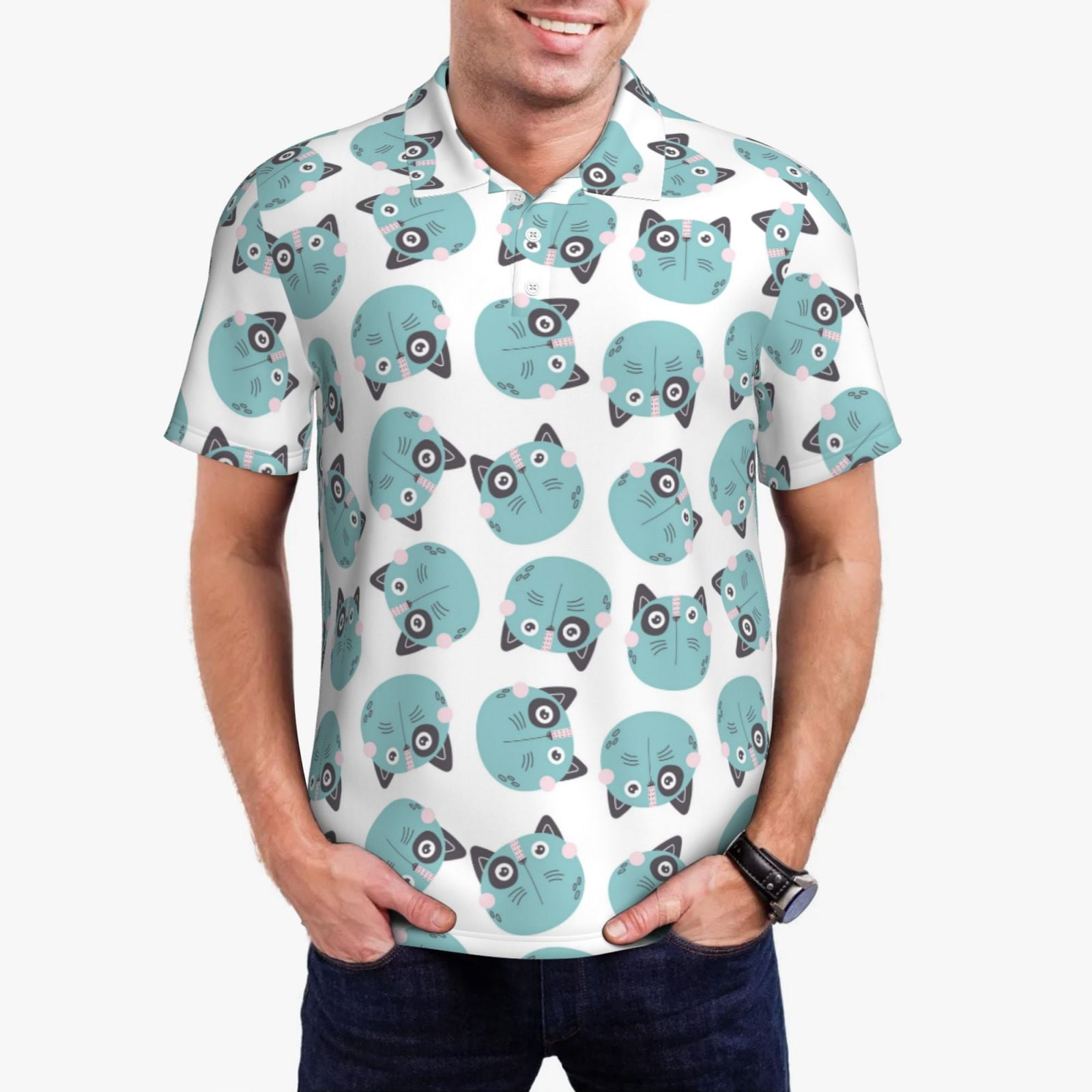 Polo Shirts for Men - Quirky Cartoon Cat Face Classic Mens Polo Shirts ...