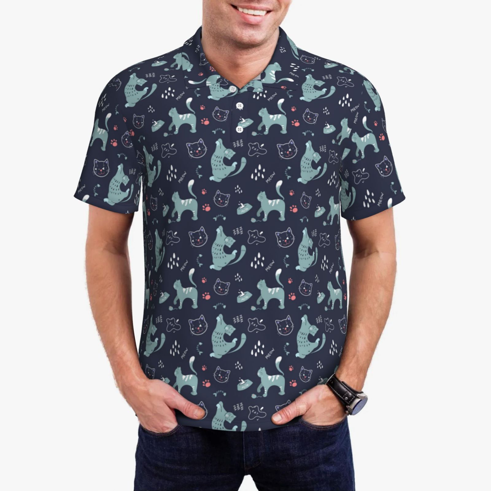 Polo Shirts for Men Quirky Cute Cartoon Cat Casual Mens Short Sleeve ...
