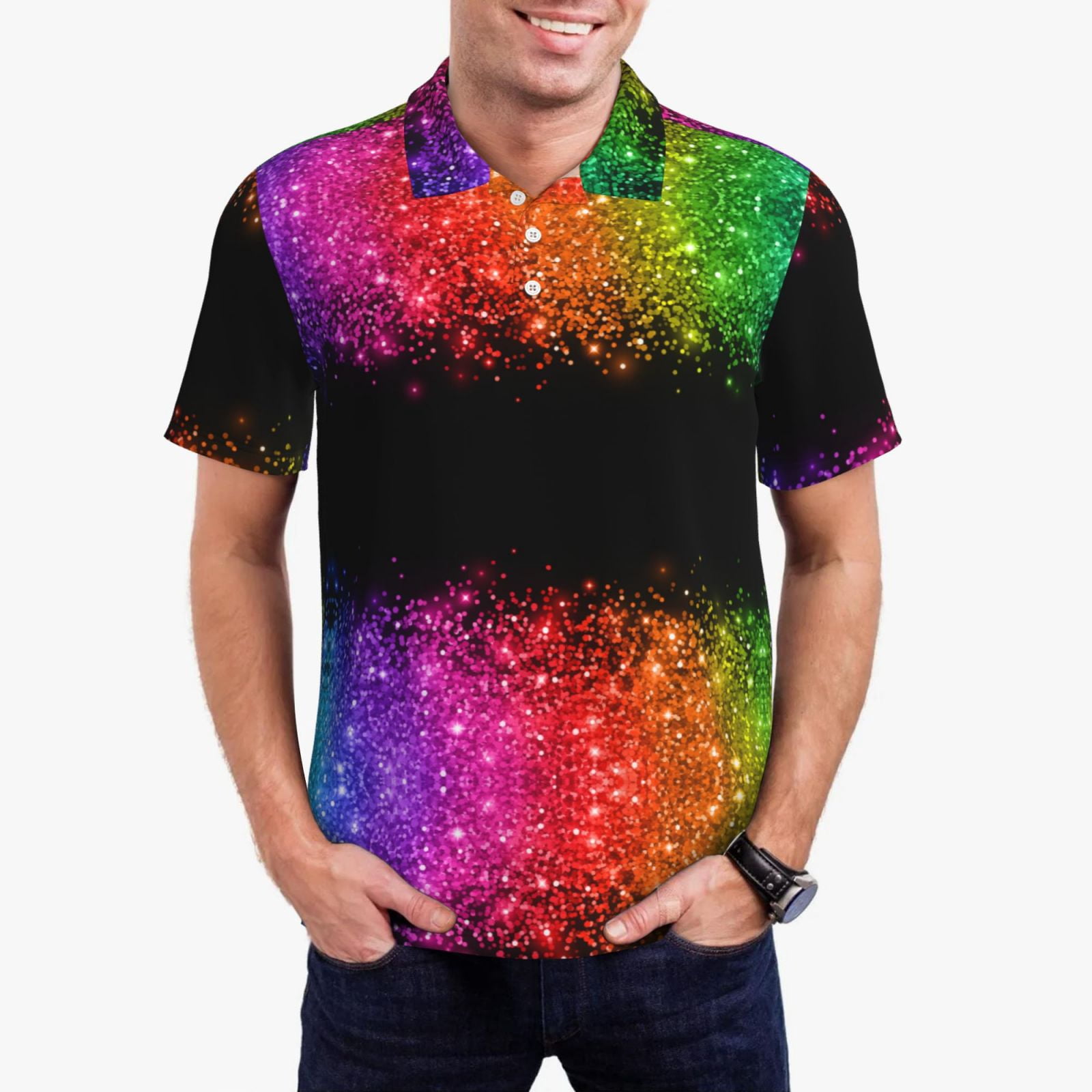 Polo Shirts for Men, Rainbow Glitter Border Cuteness Casual Mens Polo ...