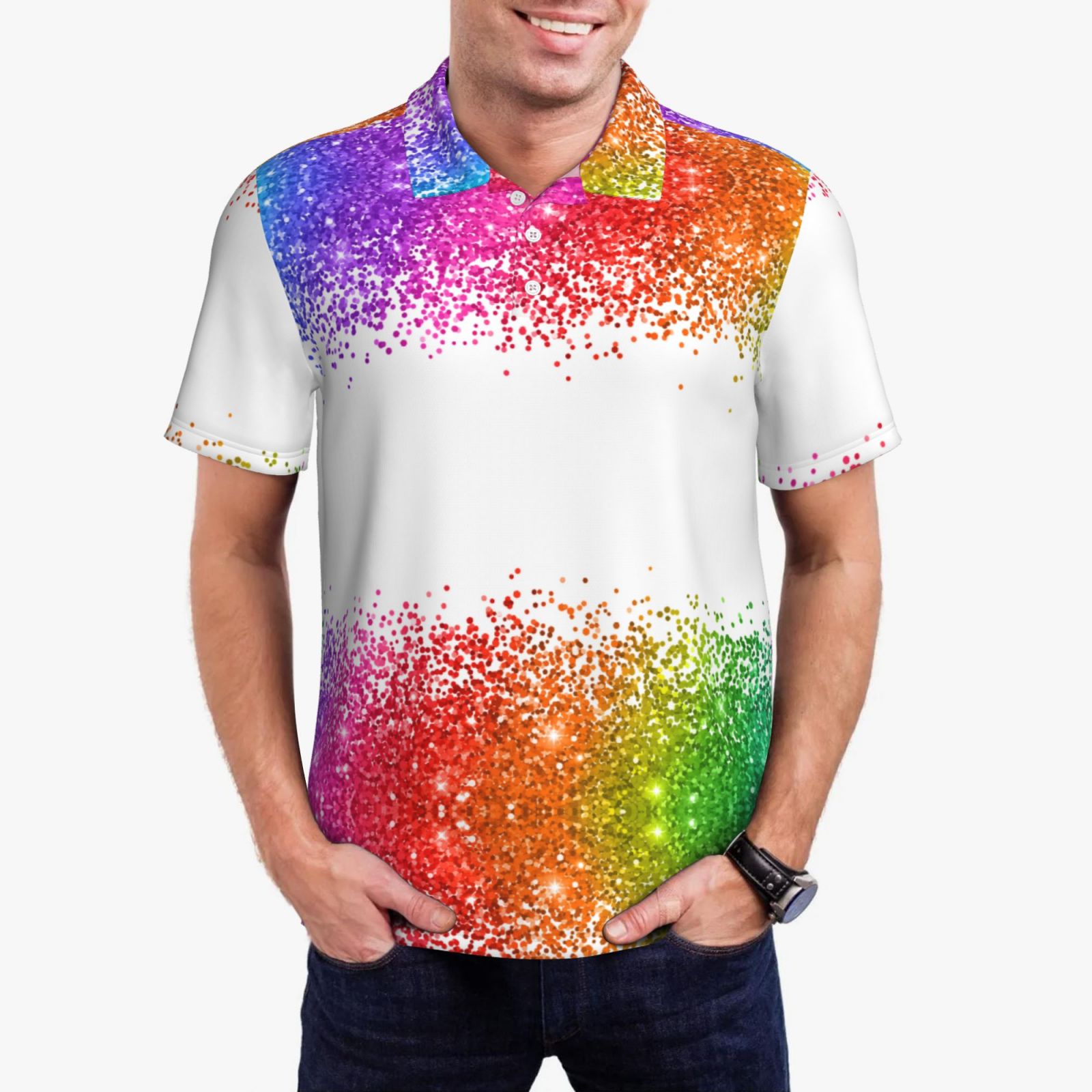Polo Shirts for Men Rainbow Glitter Frame Casual Mens Short Sleeve Polo ...