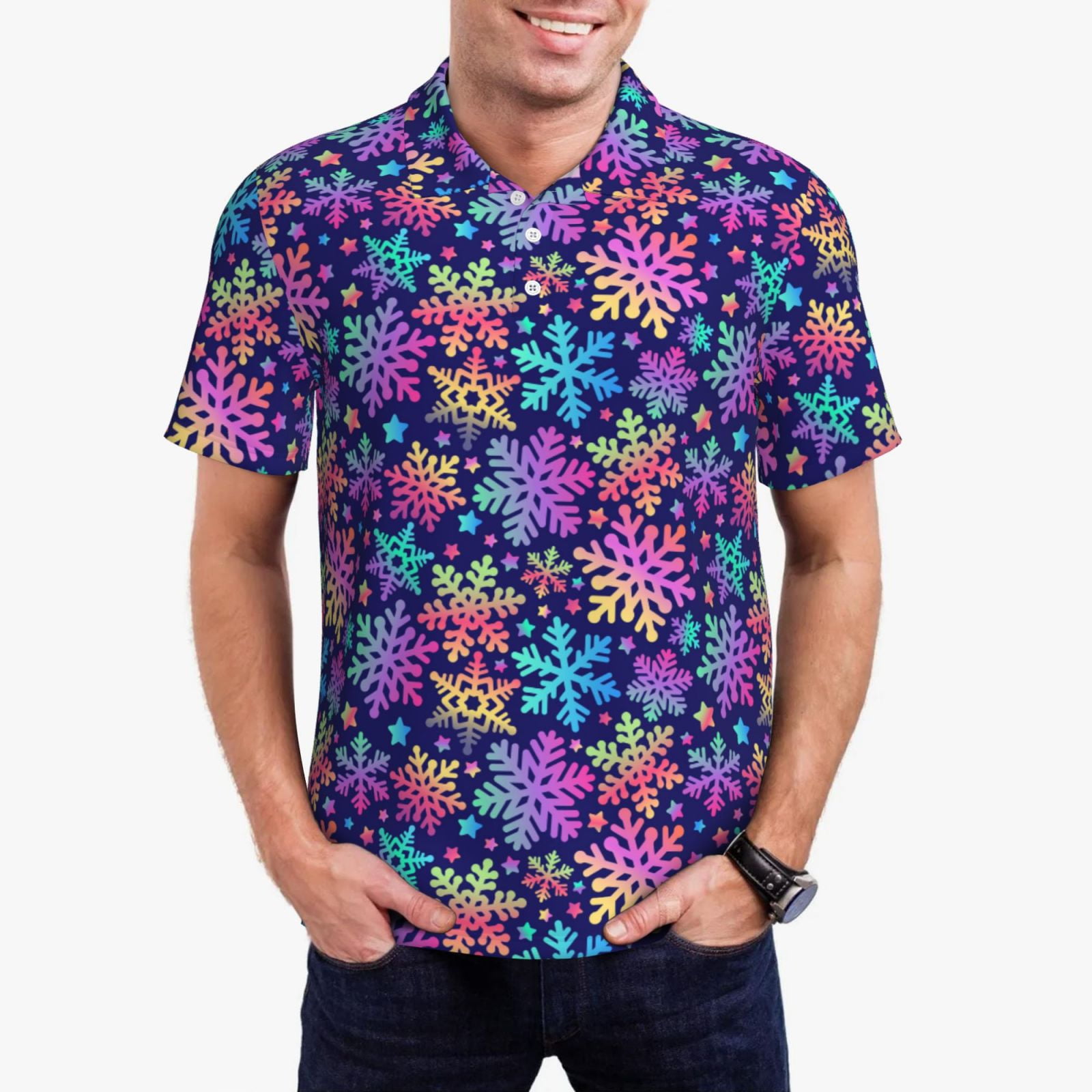 Polo Shirts for Men - Rainbow Snowflakes Classic Mens Polo Shirts ...