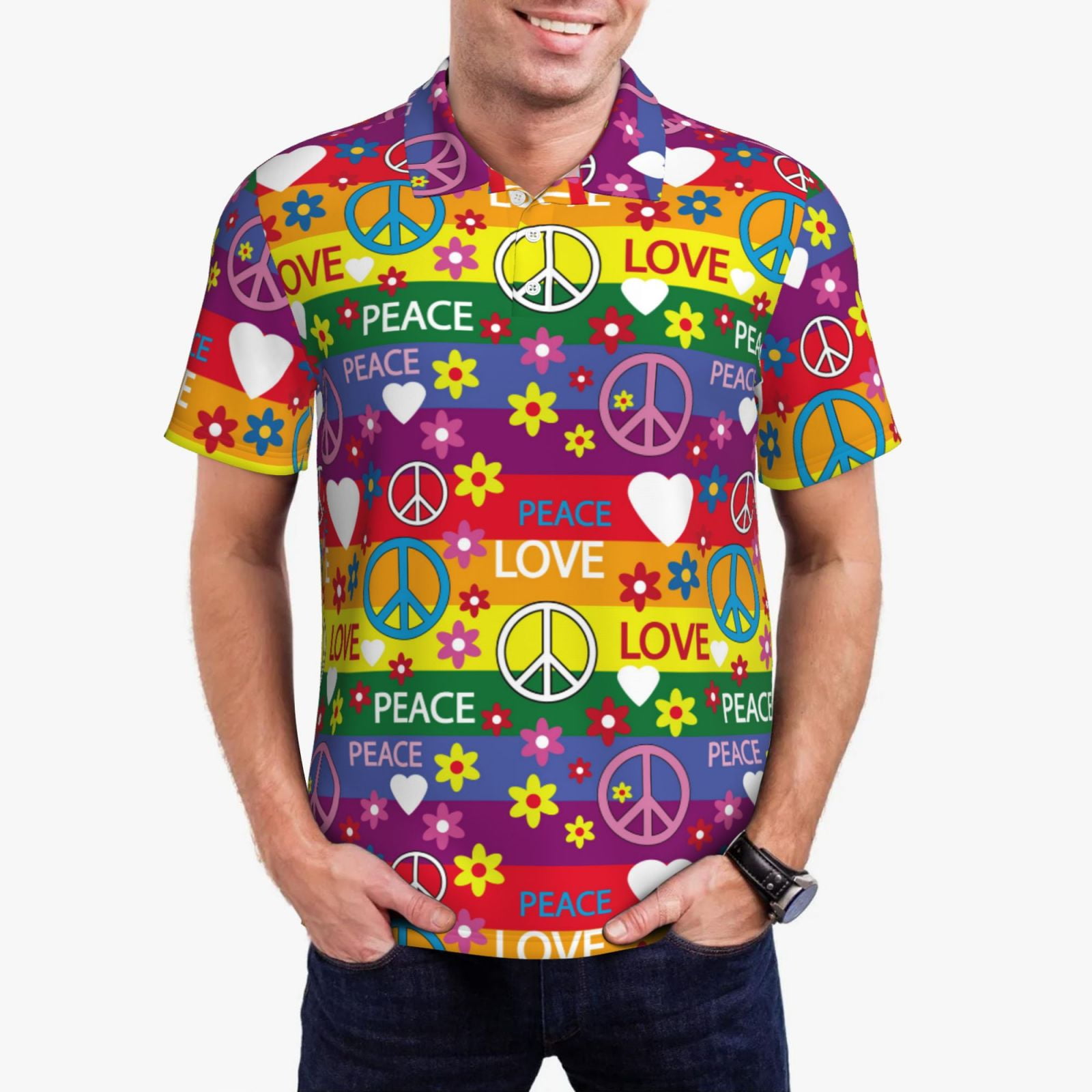 Polo Shirts for Men - Rainbow peace sign cute Mens Polo Shirts Short ...