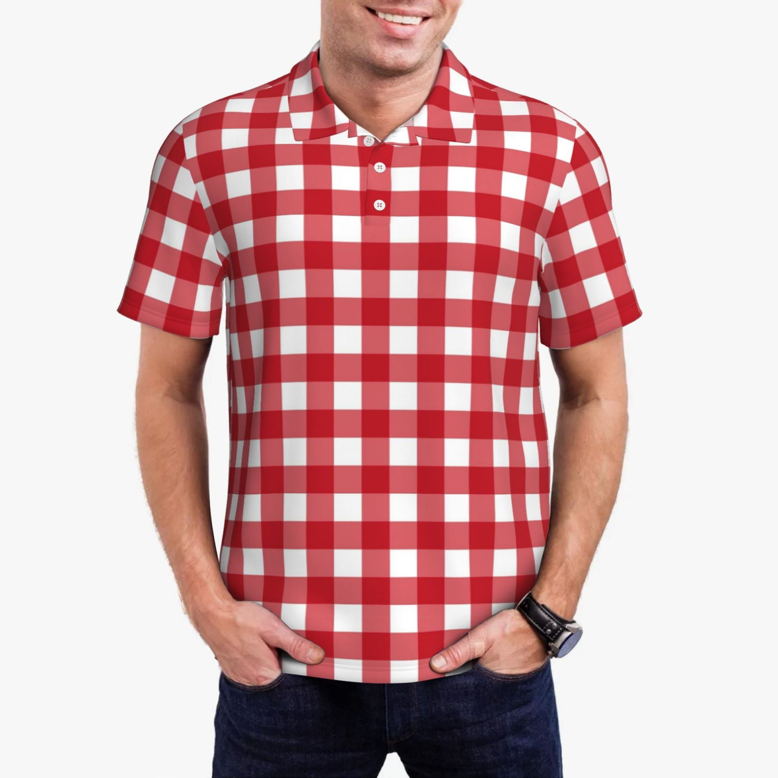 Polo Shirts for Men - Red Checkboard Mens Polo Shirts Short Sleeve ...
