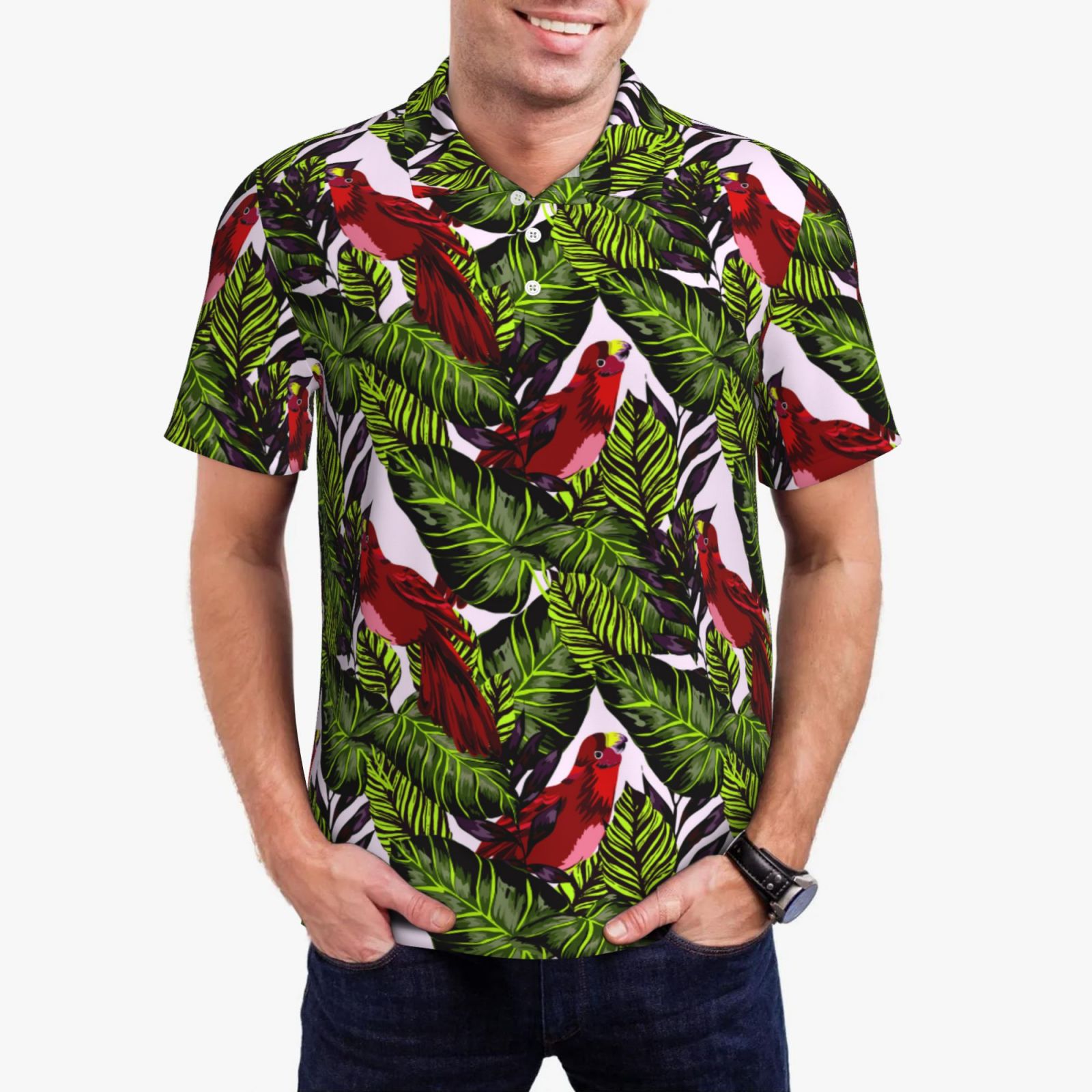 Polo Shirts for Men, Red Cute Parrot Green Banana Leaf Cuteness Casual ...