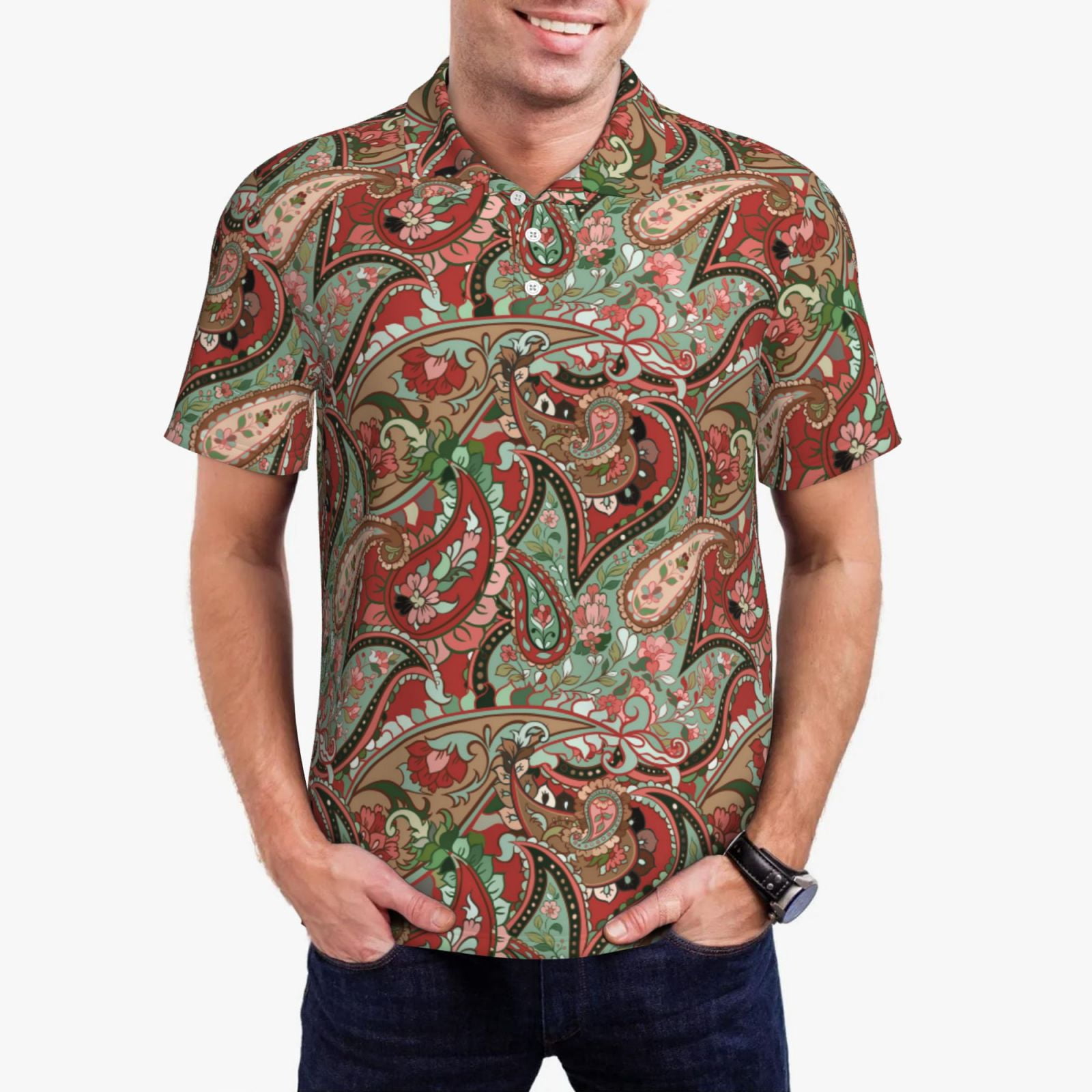 Polo Shirts for Men - Red Flower Paisley Classic Mens Polo Shirts ...