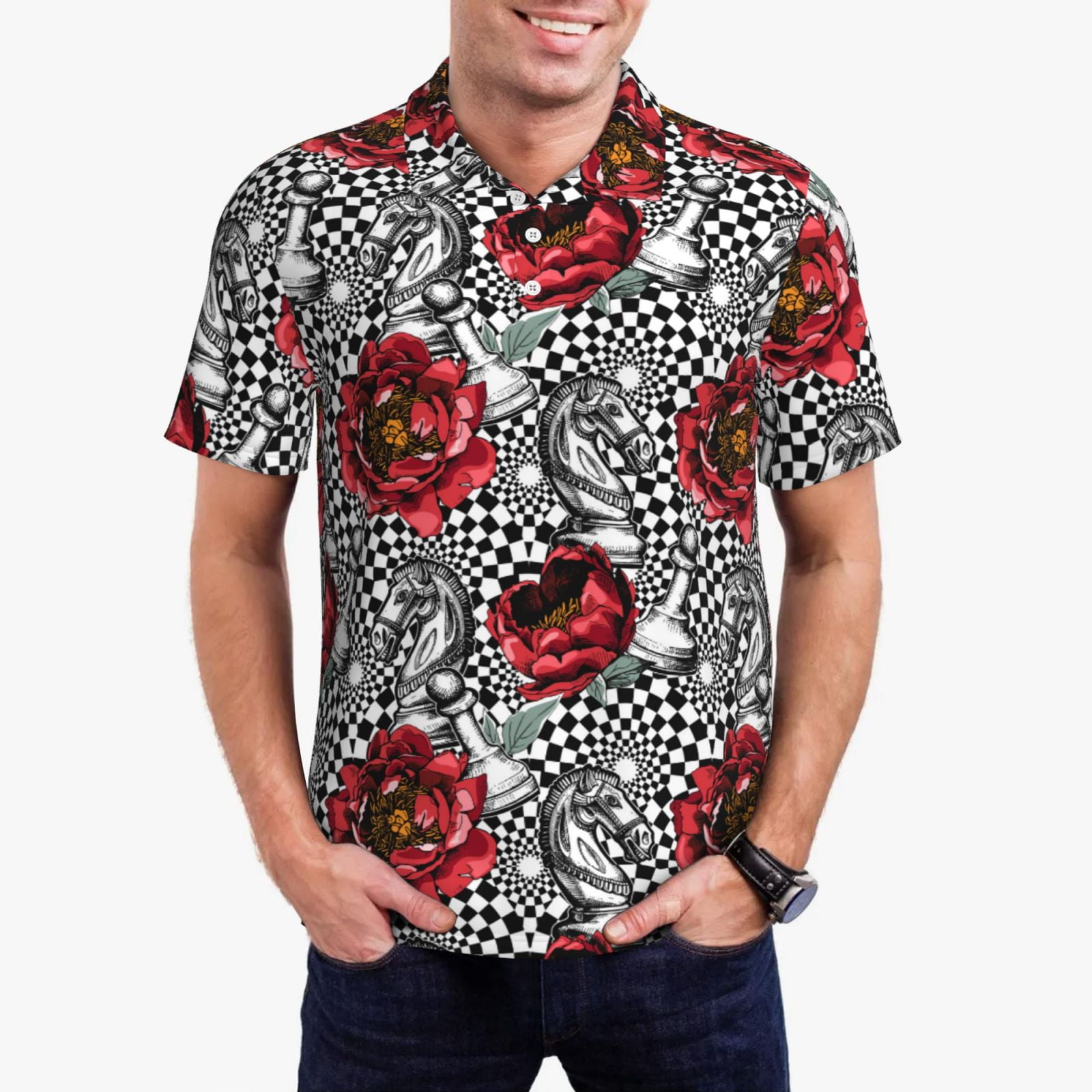 Polo Shirts for Men Red Peony Knight Chess checkered Casual Mens Short ...