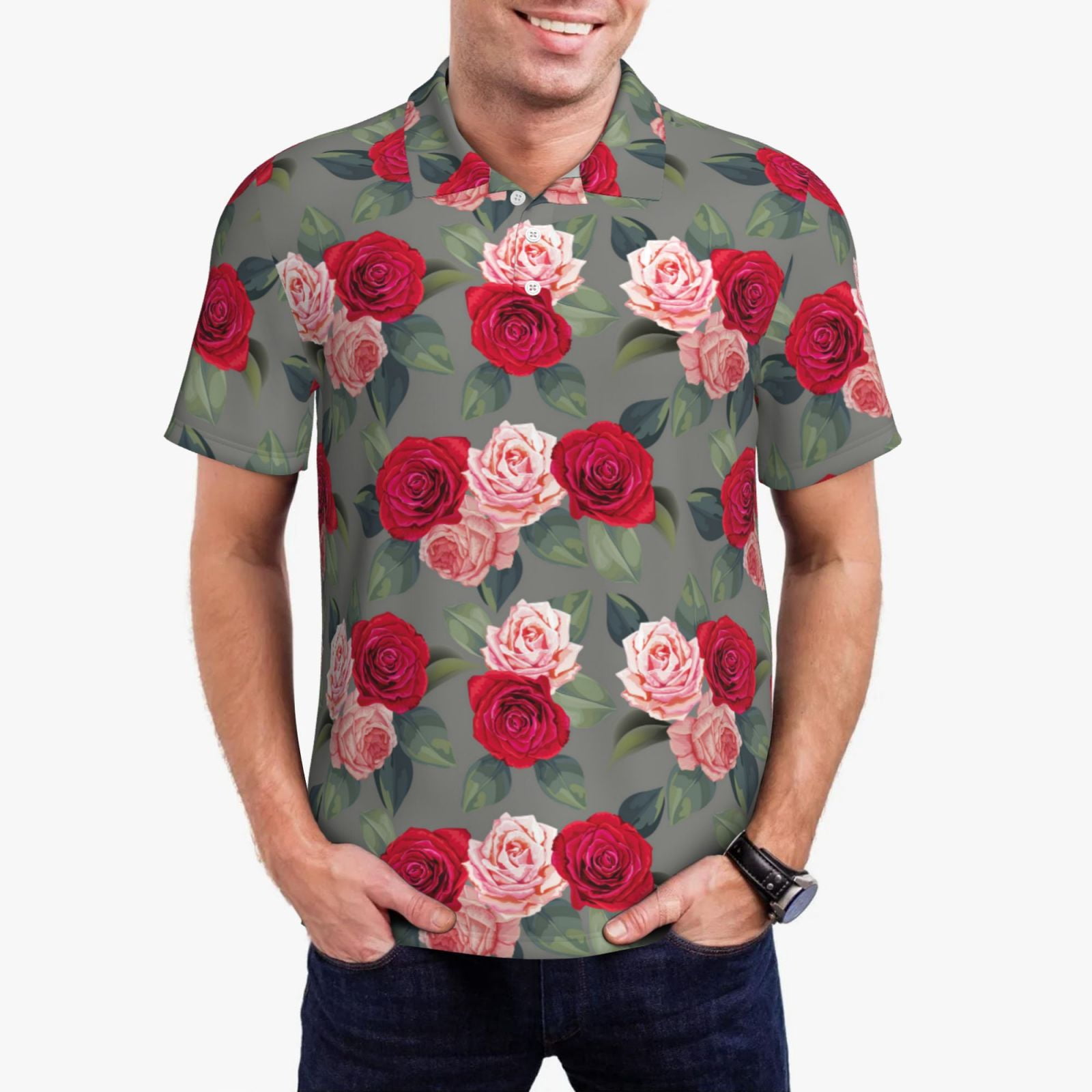 Polo Shirts for Men - Red Pink Rose Flowers Classic Mens Polo Shirts ...