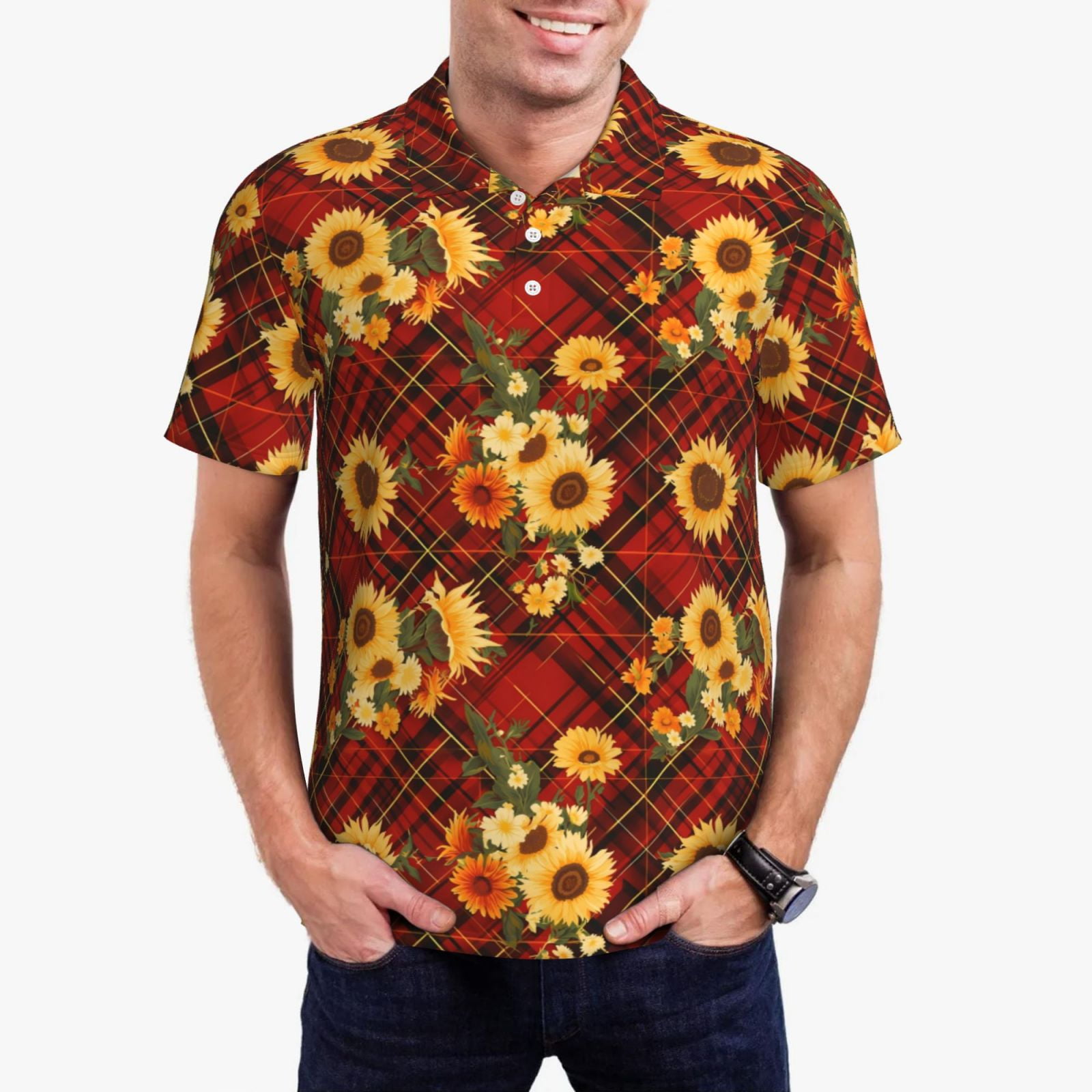 Polo Shirts for Men - Red Plaid Sunflower Classic Mens Polo Shirts ...