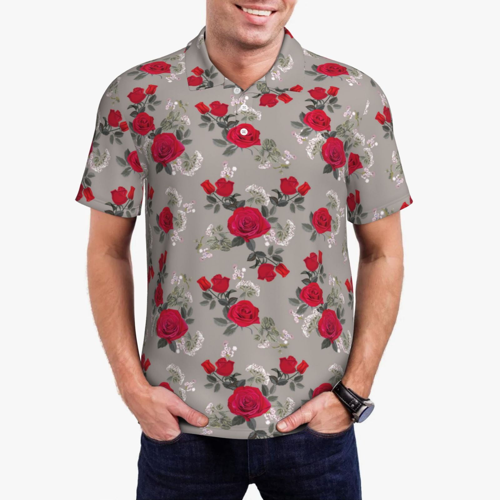 Polo Shirts for Men Red Rose Flowers Casual Mens Short Sleeve Polo ...
