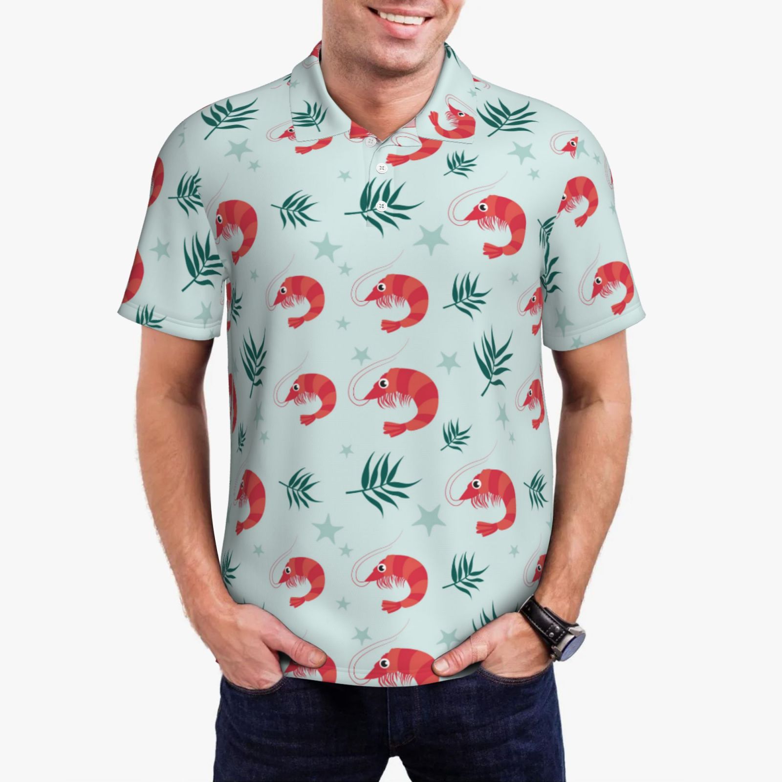 Polo Shirts for Men - Red Shrimp Green Grass Classic Mens Polo Shirts ...
