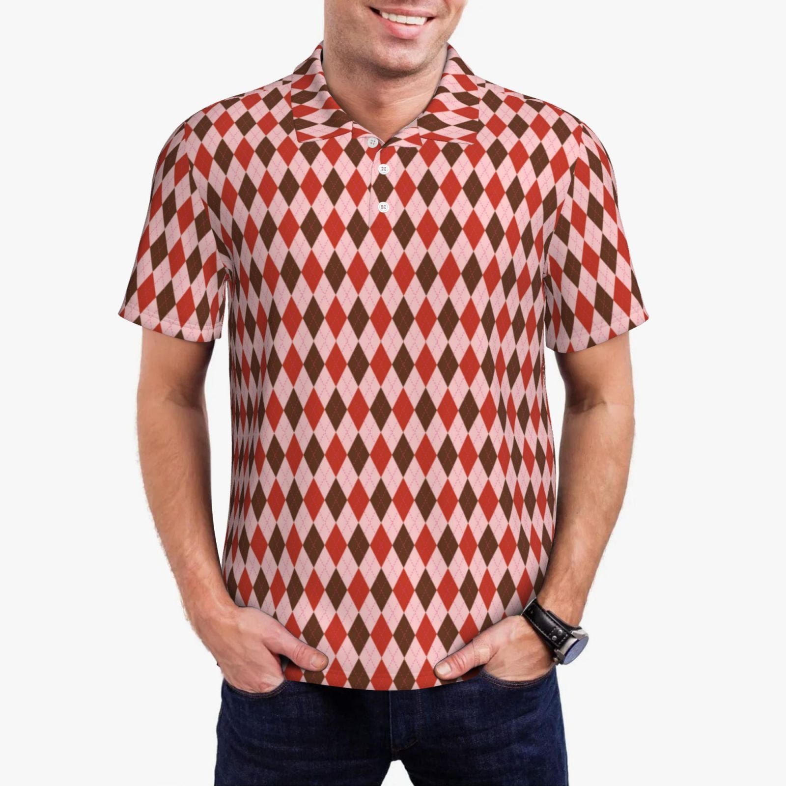 Polo Shirts for Men, Red and Brown Squares Soft Casual Mens Polo Shirts ...