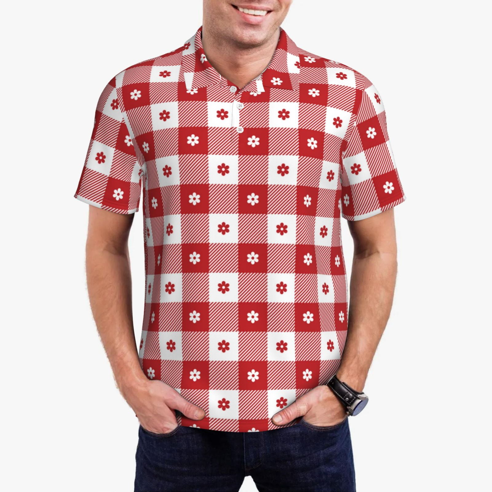 Polo Shirts for Men, Red plaid daisy Soft Casual Mens Polo Shirts Short ...