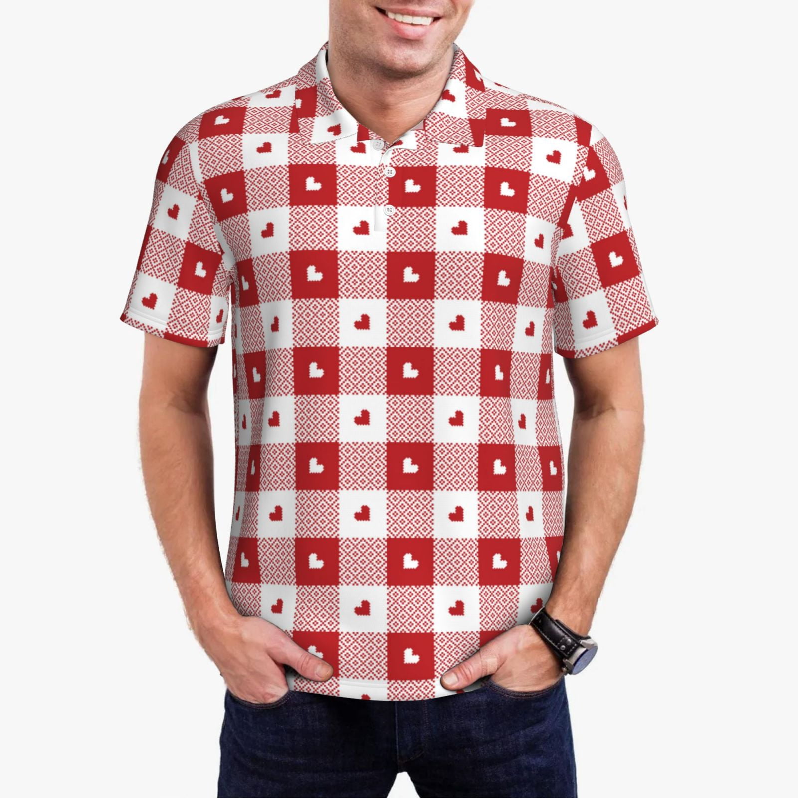 Polo Shirts for Men - Red plaid heart Mens Polo Shirts Short Sleeve ...