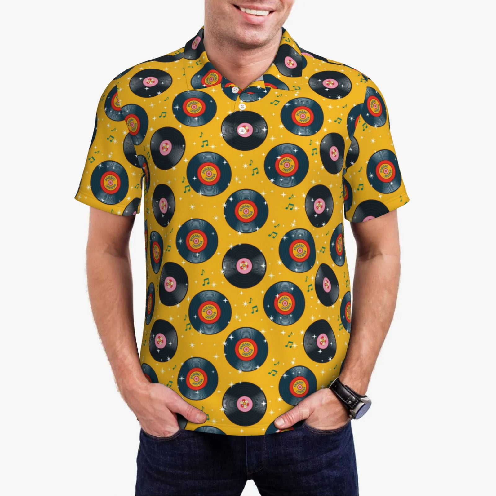 Polo Shirts for Men Retro Vinyl Records Casual Mens Short Sleeve Polo ...