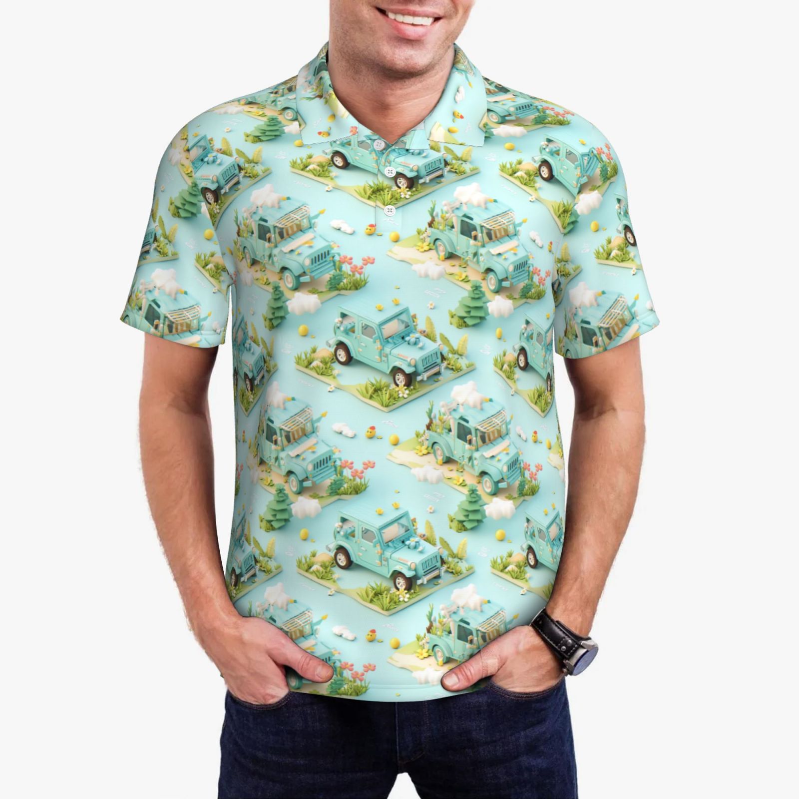 Polo Shirts for Men - Retro green SUV car punk Classic Mens Polo Shirts ...