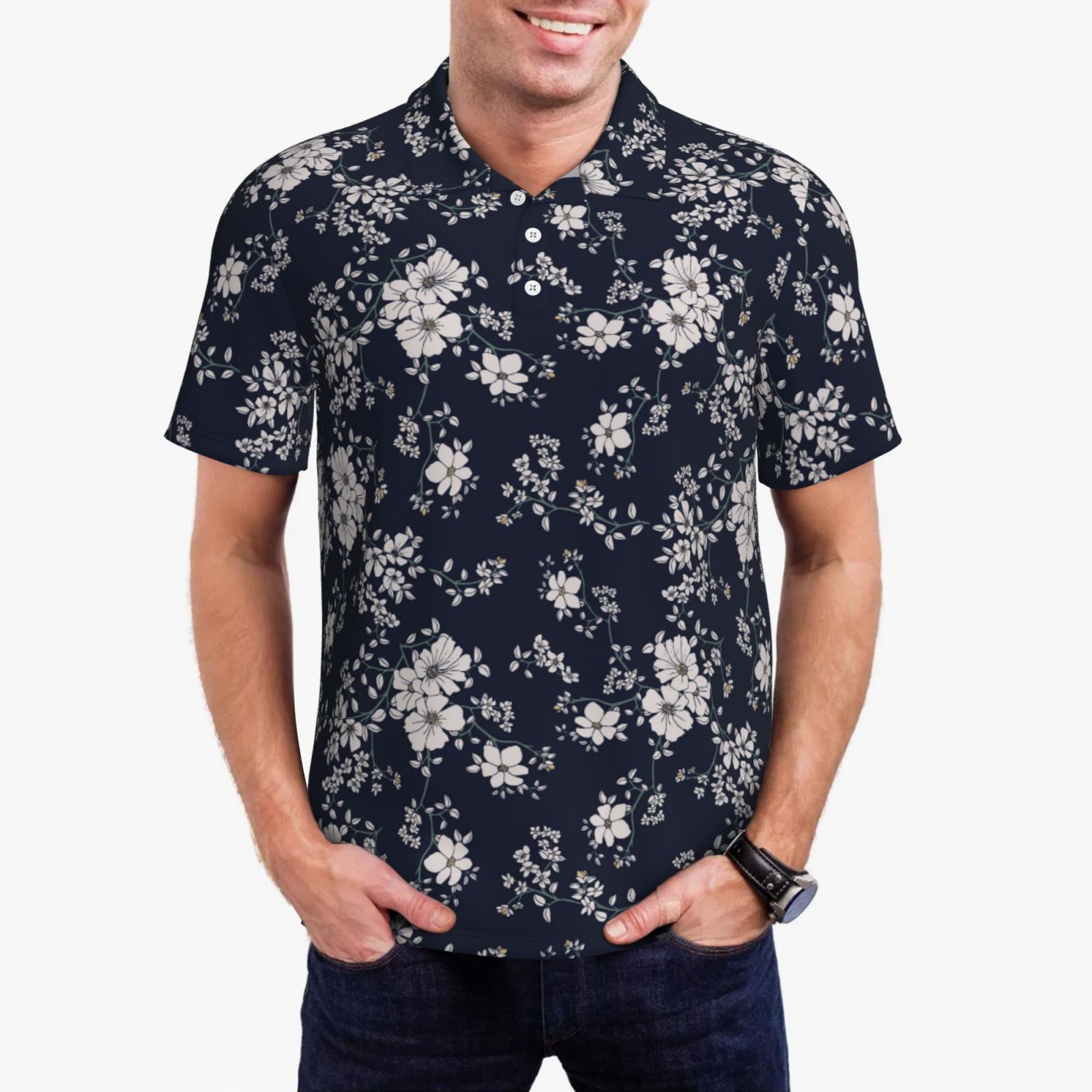 Polo Shirts for Men - Retro white flower Mens Polo Shirts Short Sleeve ...