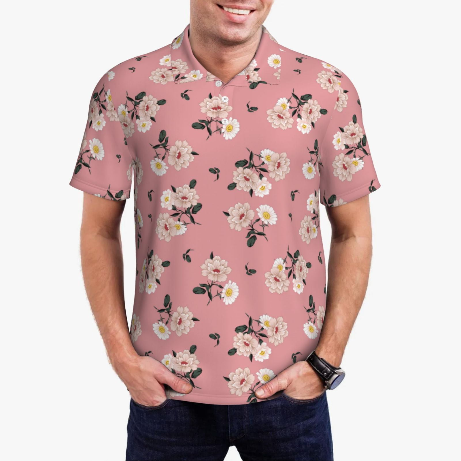 Polo Shirts for Men, Rose Flowers Pink Cuteness Casual Mens Polo Shirts ...