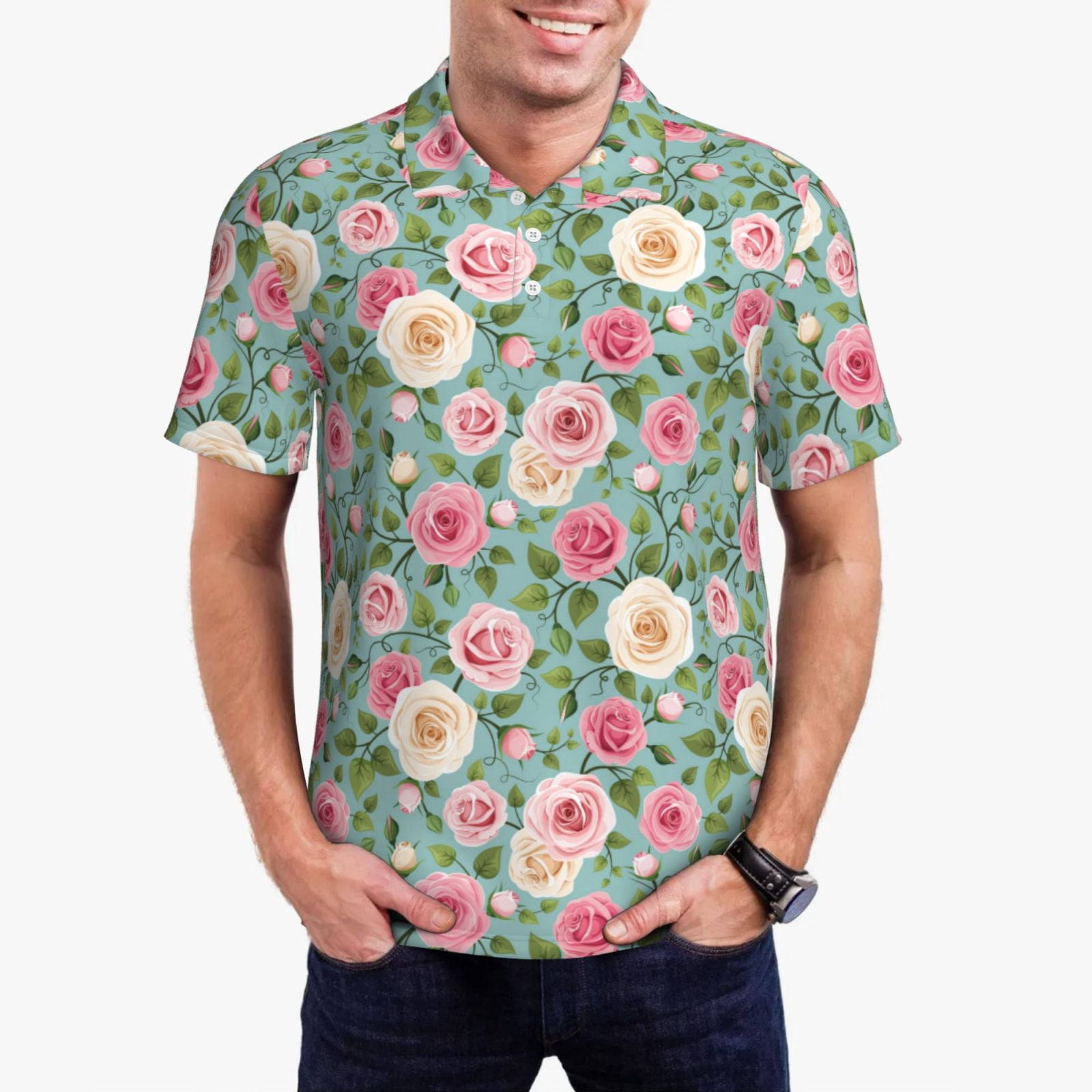 Polo Shirts for Men, Rose Flowers Temg Cuteness Casual Mens Polo Shirts ...