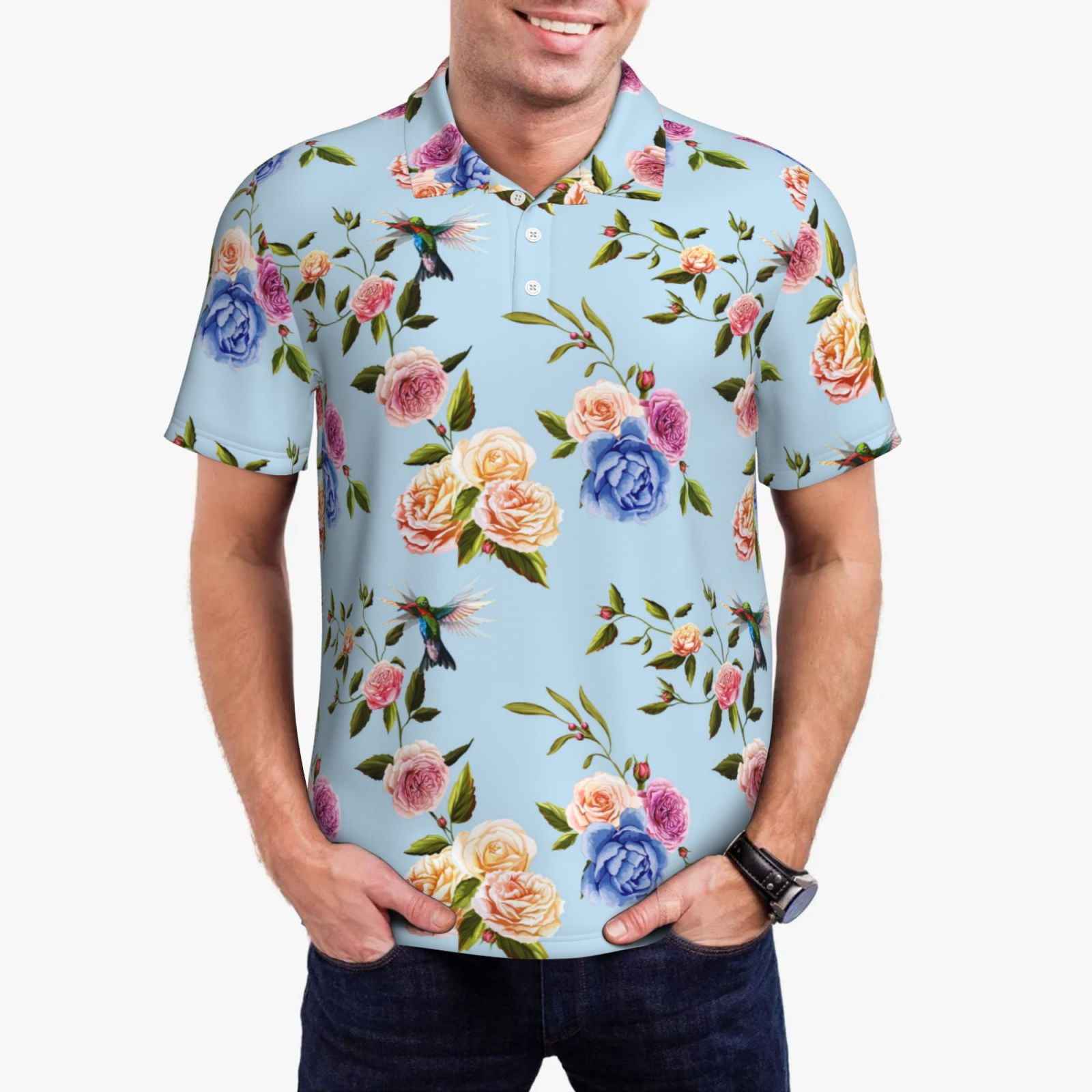 Polo Shirts for Men Rose Hummingbird Casual Mens Short Sleeve Polo ...