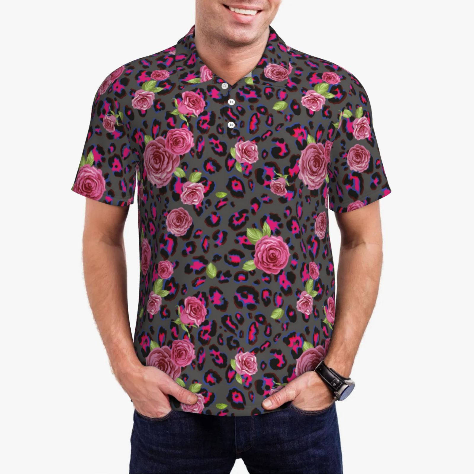 Polo Shirts for Men Rose Mix Leopard 2 Casual Mens Short Sleeve Polo ...