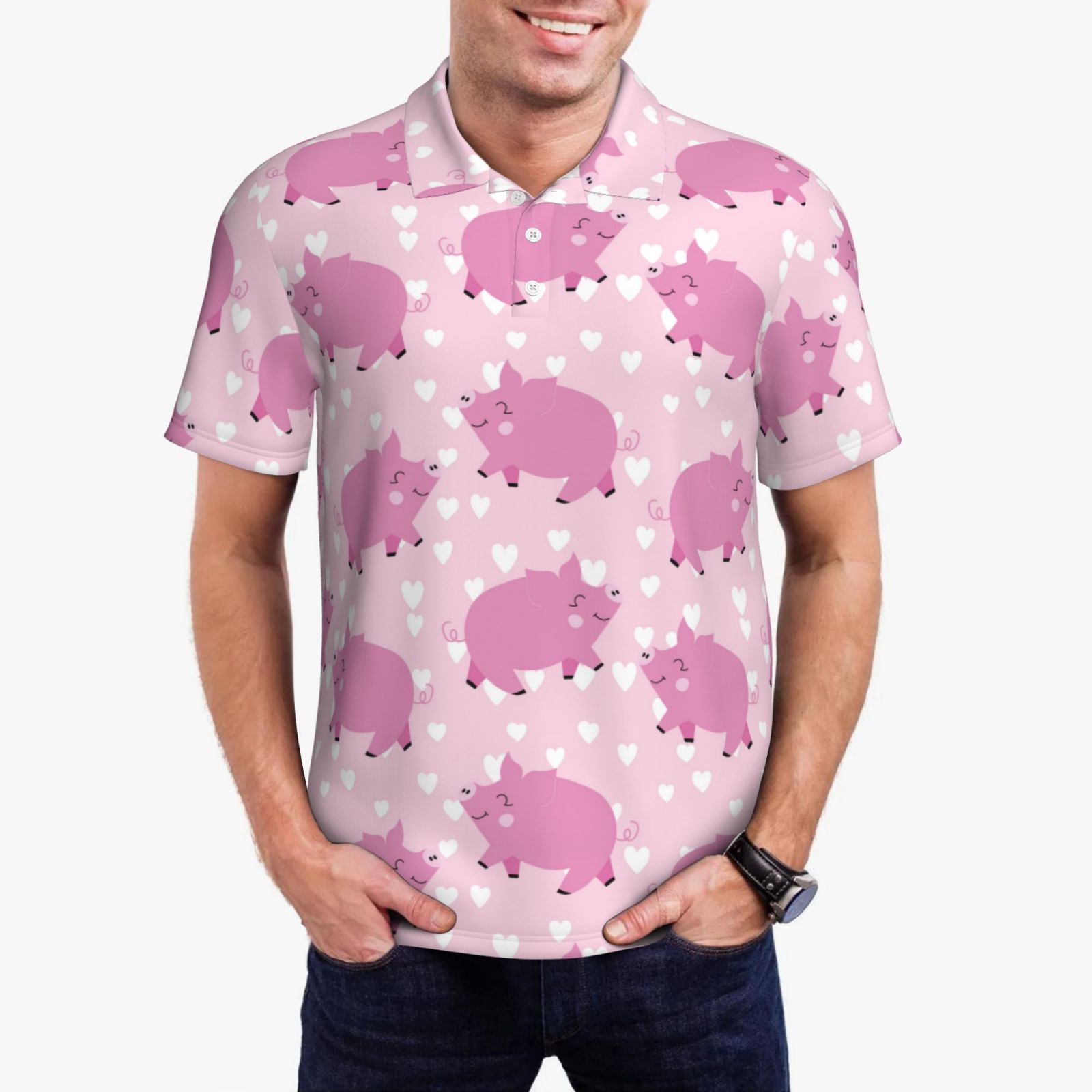 Polo Shirts for Men Rose Pink Cute Pig Love Casual Mens Short Sleeve ...