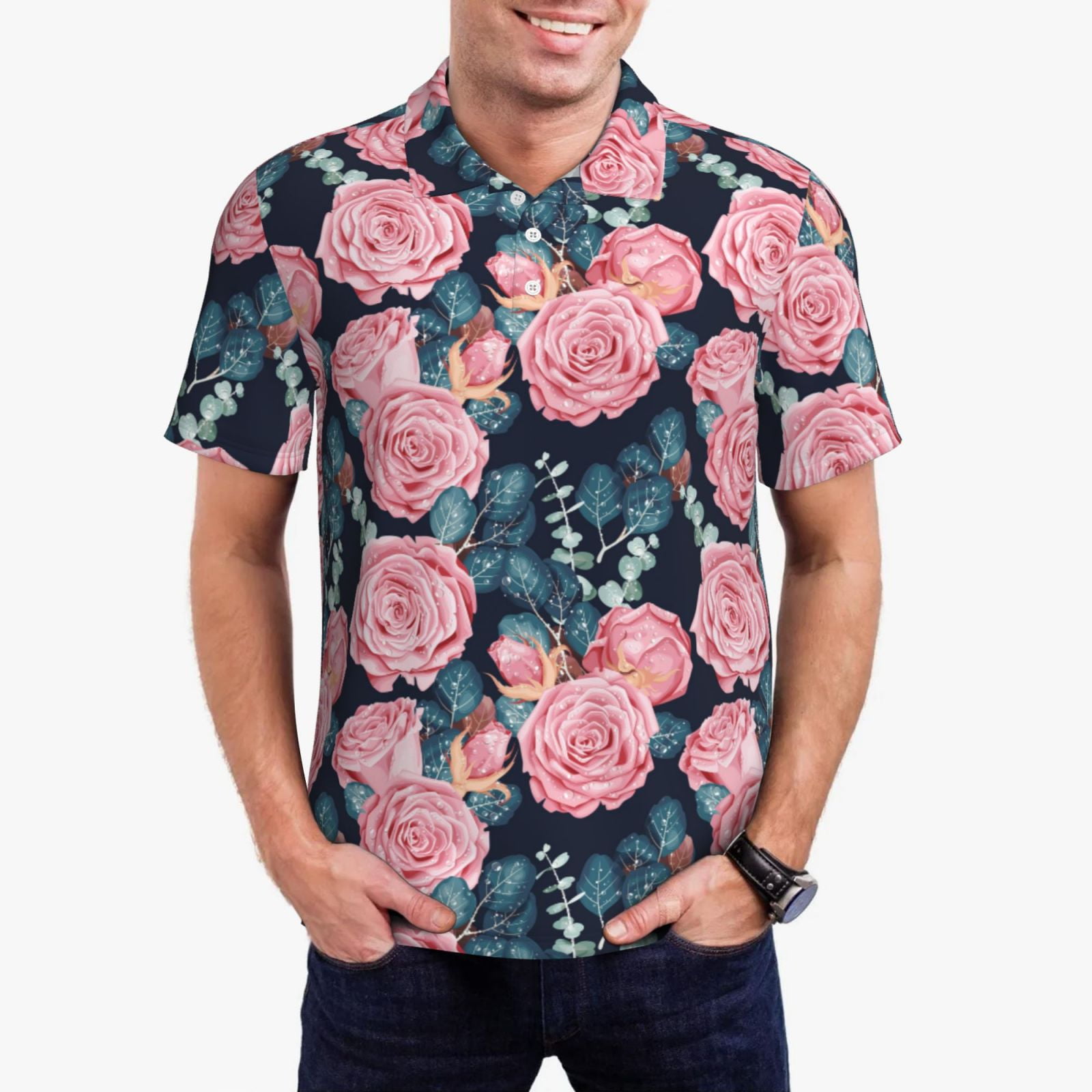 Polo Shirts for Men - Rose Pink Flowers Mens Polo Shirts Short Sleeve ...