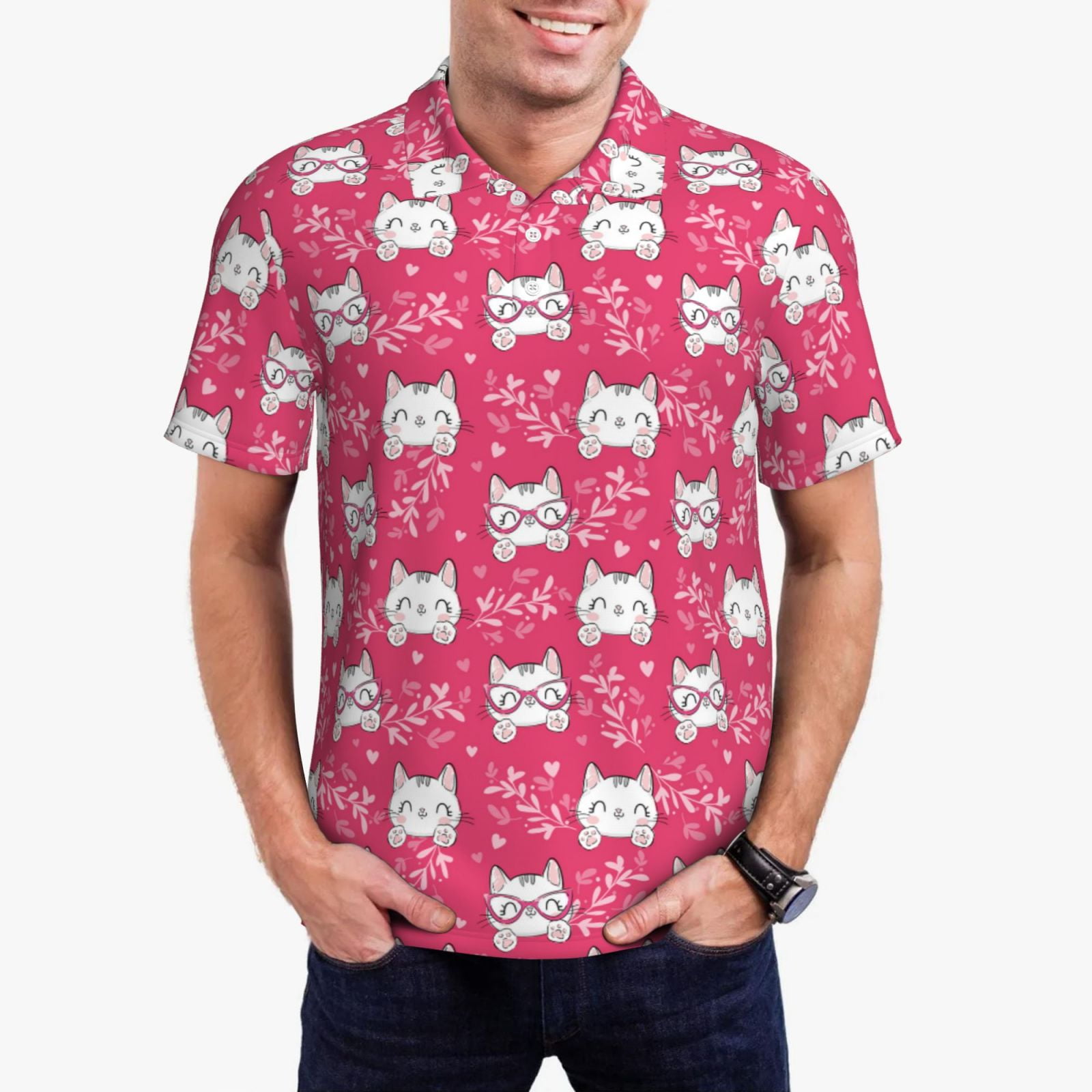Polo Shirts for Men - Rose Red Cute Smiling Cartoon Cat Mens Polo ...