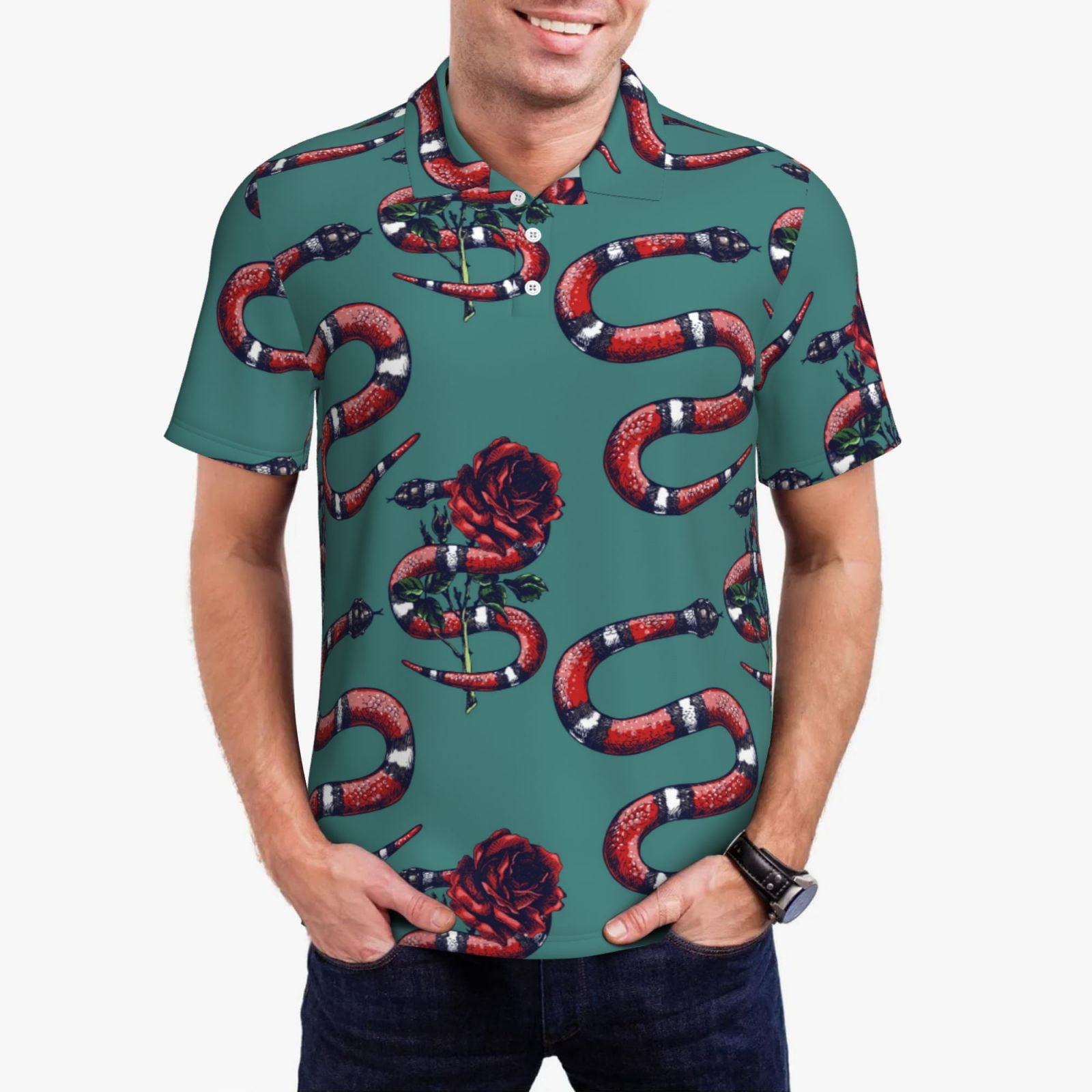 Polo Shirts for Men - Rustic Cartoon Snake Red Flower Mens Polo Shirts ...