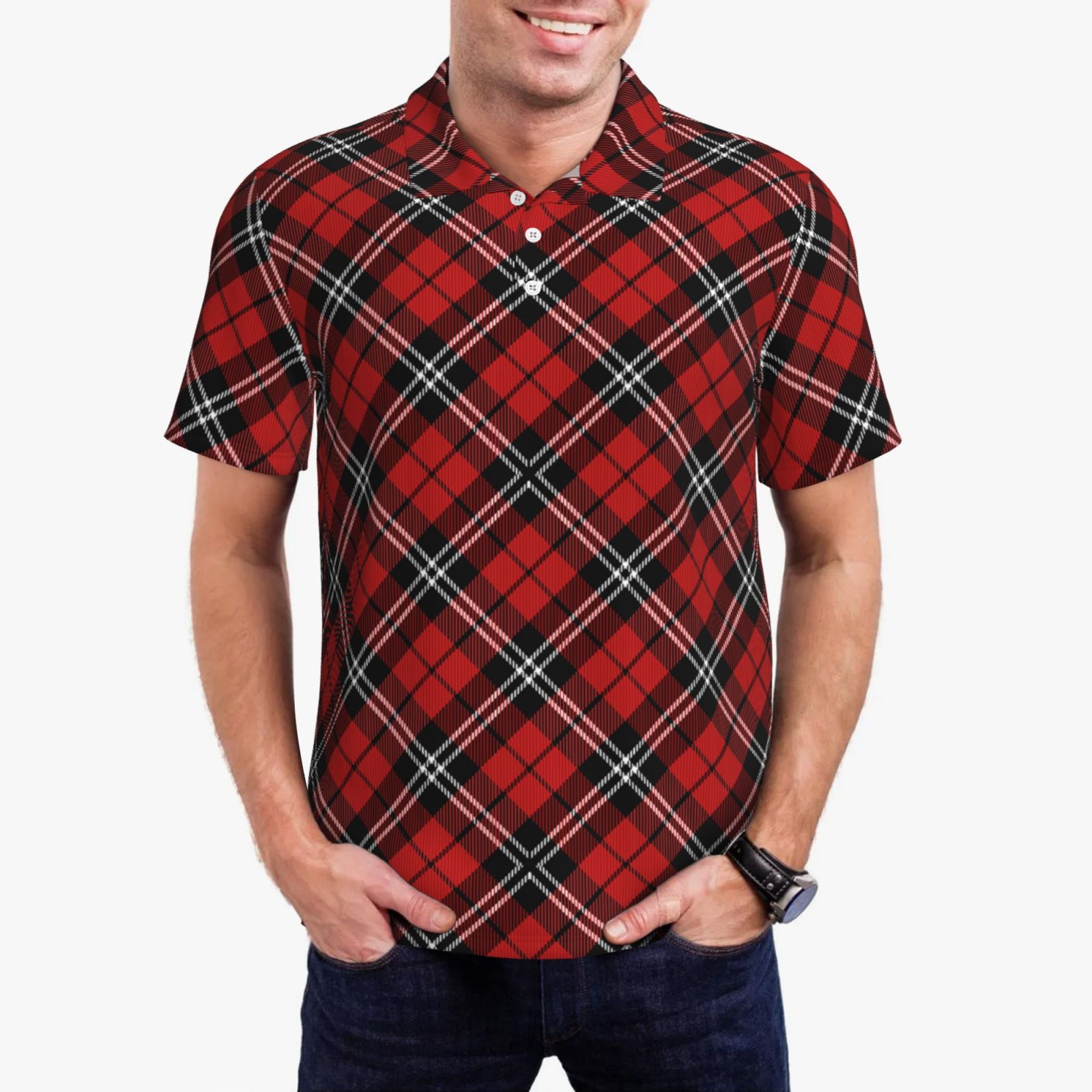 Polo Shirts for Men, Scottish checkered black red plaid Cuteness Casual ...