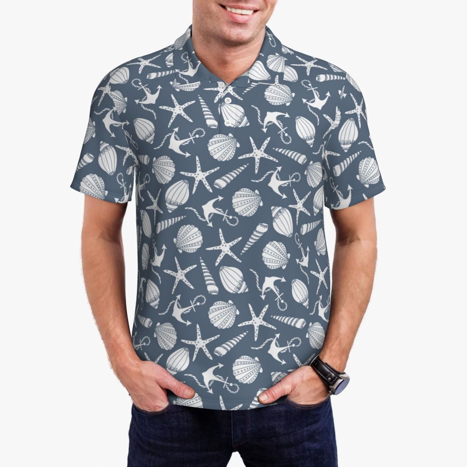 Polo Shirts for Men - Seashells anchors starfishes vintage Classic Mens ...