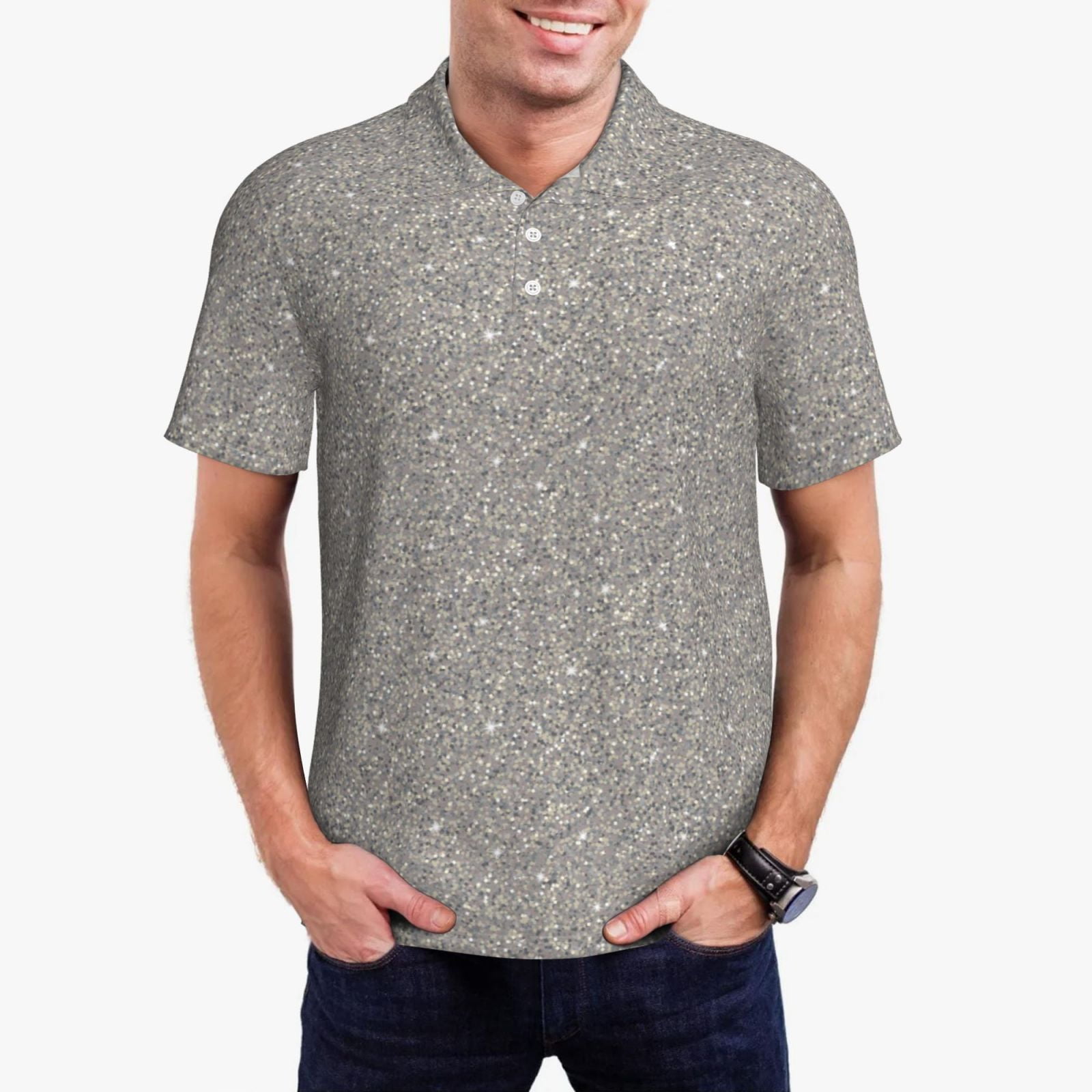 Polo Shirts for Men Silver Glitter Lightning Casual Mens Short Sleeve ...