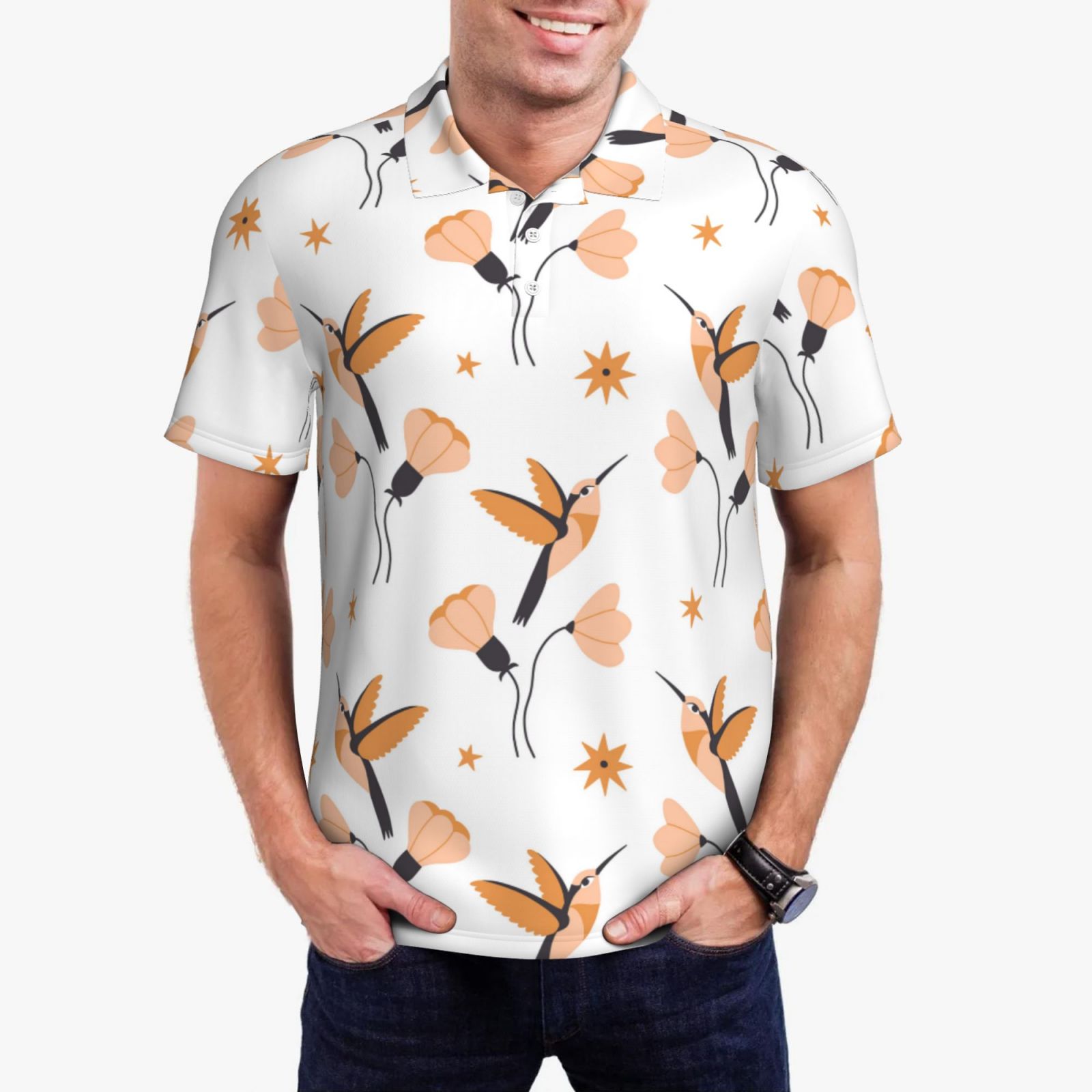 Polo Shirts for Men, Simple Hummingbird Flower Cuteness Casual Mens ...