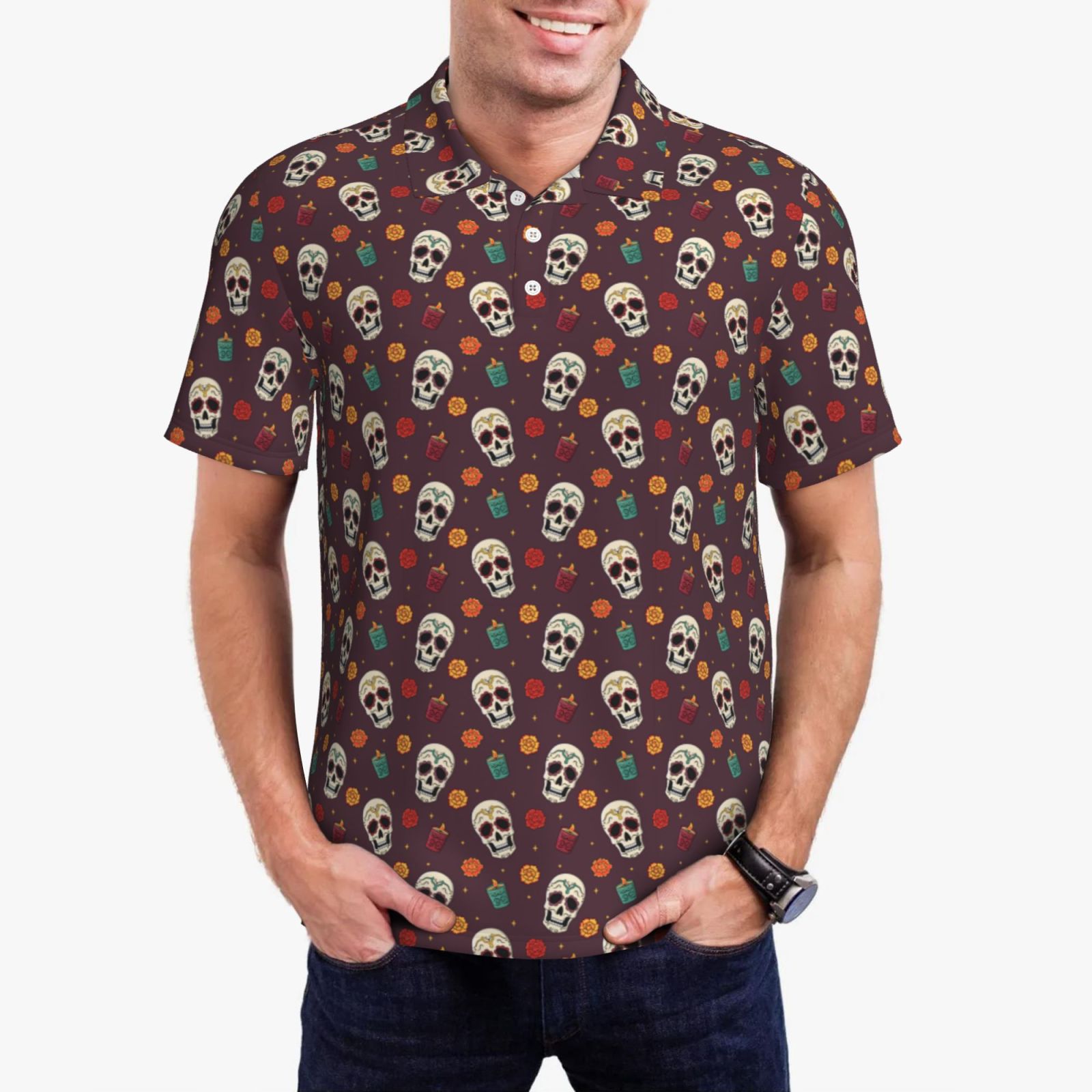Polo Shirts for Men, Skull colorful flower Cuteness Casual Mens Polo ...