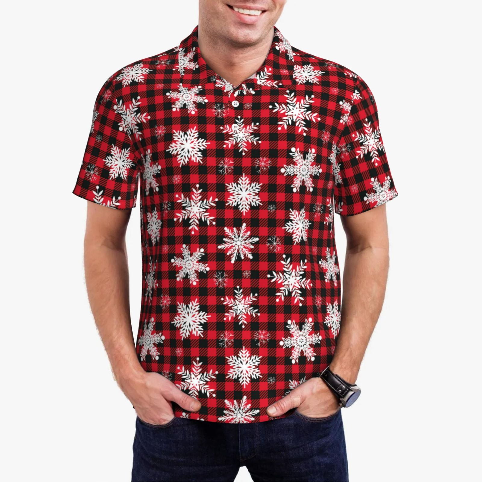 Polo Shirts for Men Snowflakes Plaid Christmas Casual Mens Short Sleeve ...