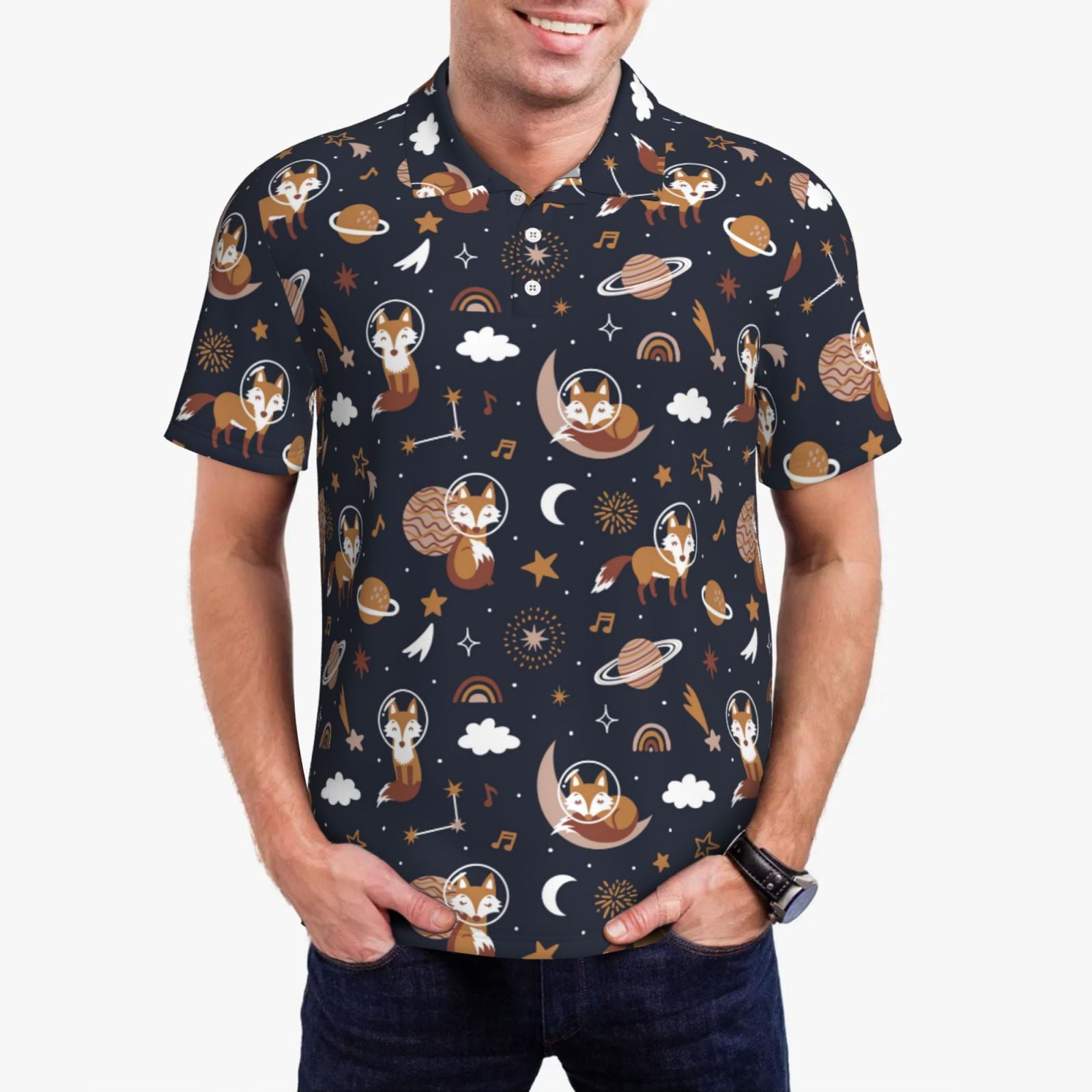 Polo Shirts for Men Space Music Fox Casual Mens Short Sleeve Polo ...
