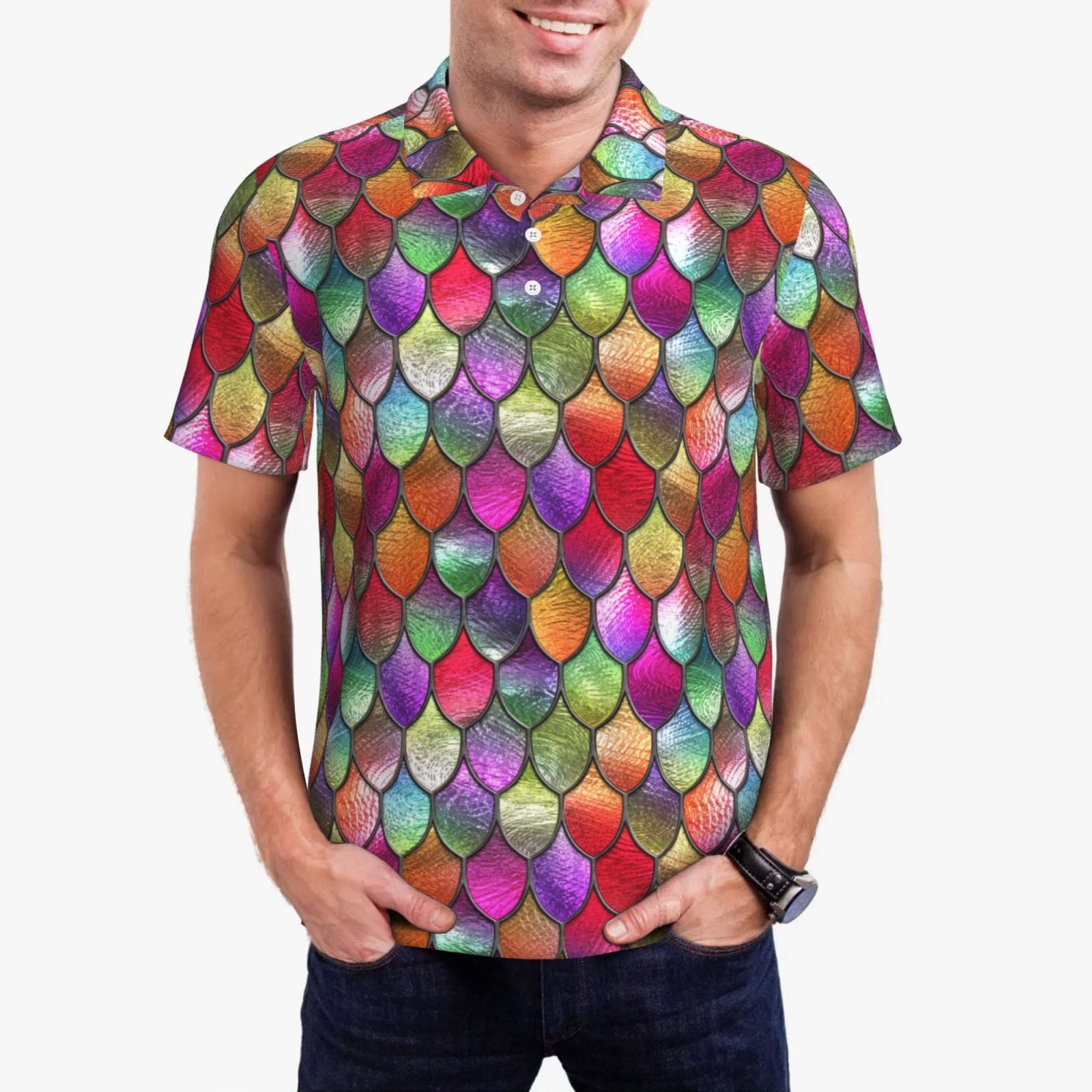 Polo Shirts for Men - Stained glass Rainbow fish scales Mens Polo ...