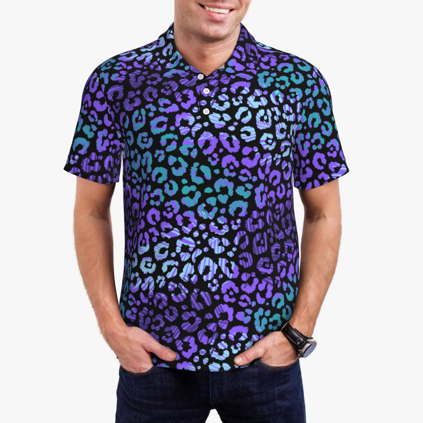 Polo Shirts for Men, Stripe Purple Leopard Print Cuteness Casual Mens ...