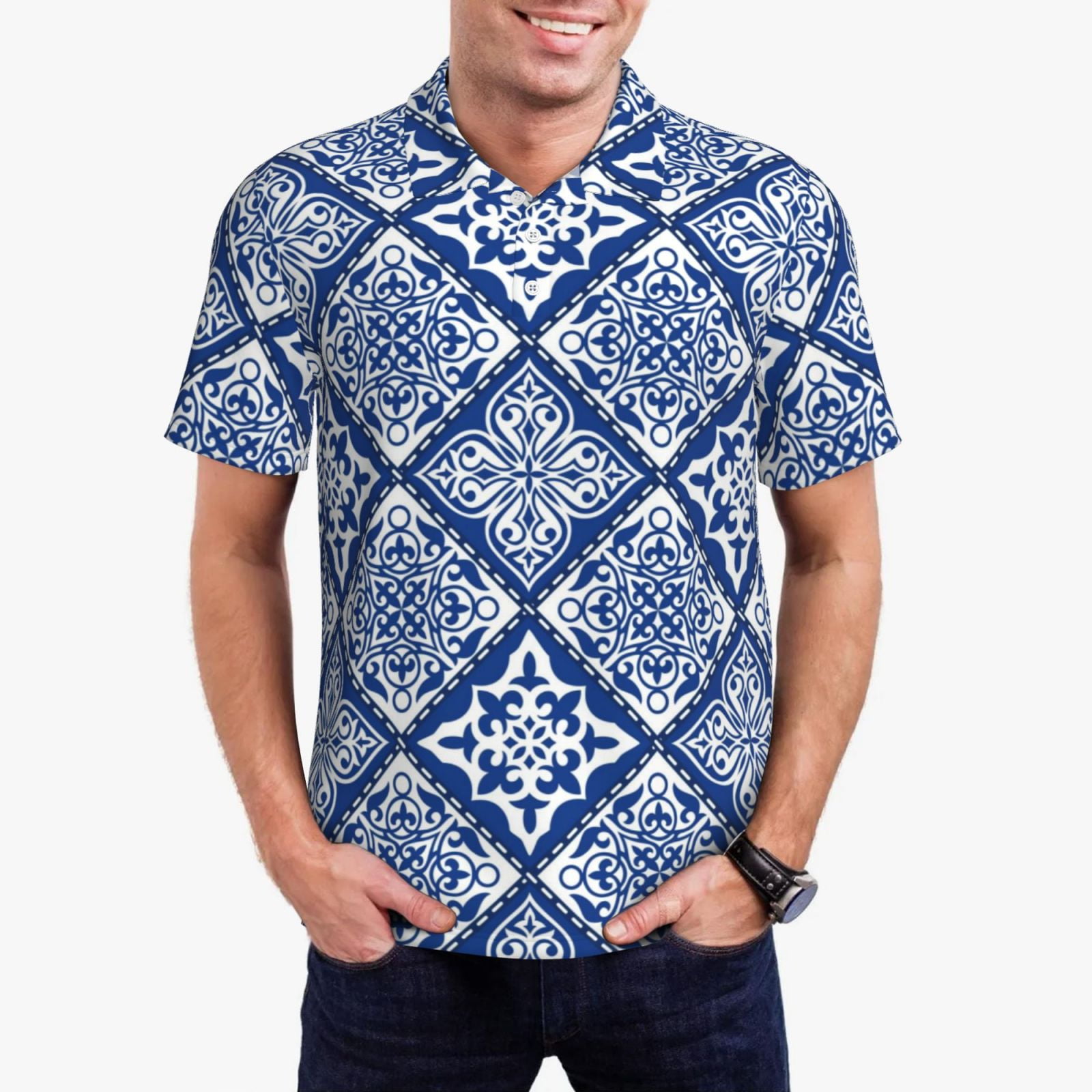 Polo Shirts for Men - Stylized Flowers Vintage Boho Mens Polo Shirts ...